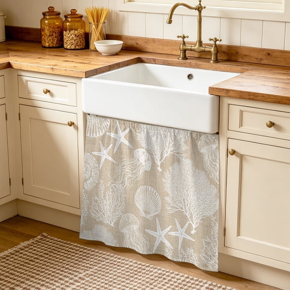 Beige Coastal Cabinet Curtain, Nautical Starfish Jellyfish Coral Summer ...