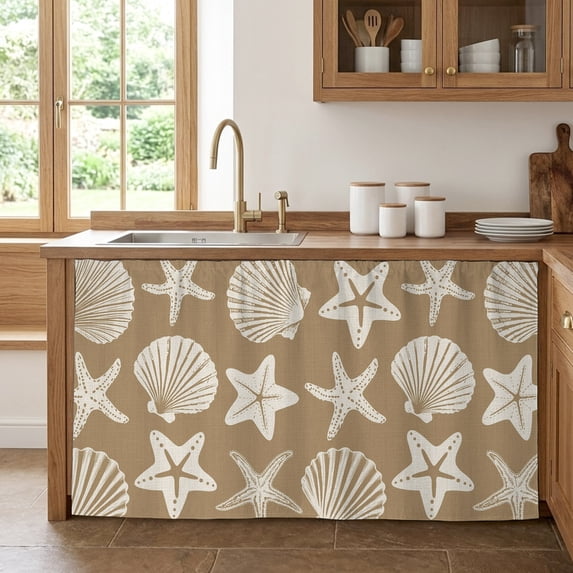 Beige Coastal Cabinet Curtains for Kitchen 28"W x 51"L, Starfish Shell ...