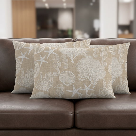 Beige Coastal Pillow Covers Set of 4, Nautical Starfish Seahorse Coral ...