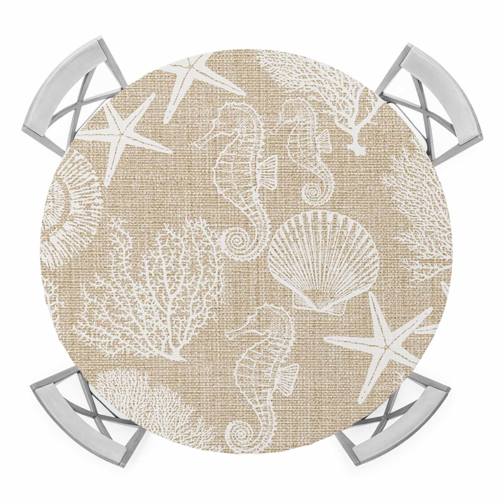 Beige Coastal Round Table Cover, Nautical Starfish Seahorse Coral ...