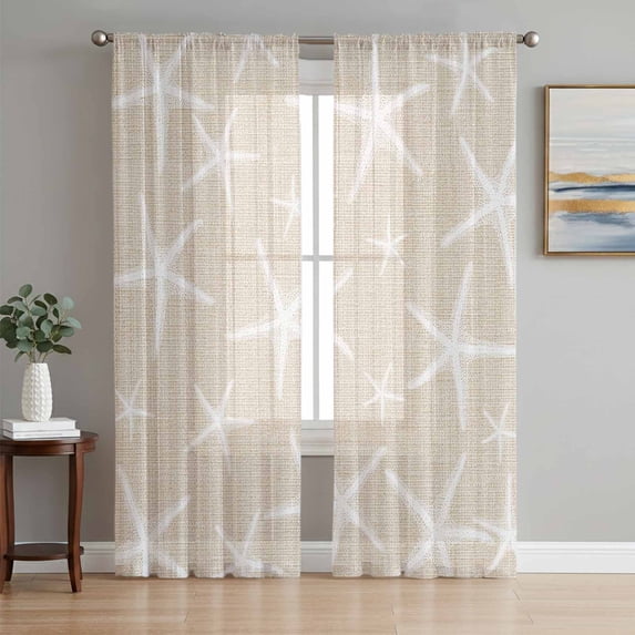 Beige Coastal Starfish Sheer Curtains 63 Inch Length 2 Panels Set ...