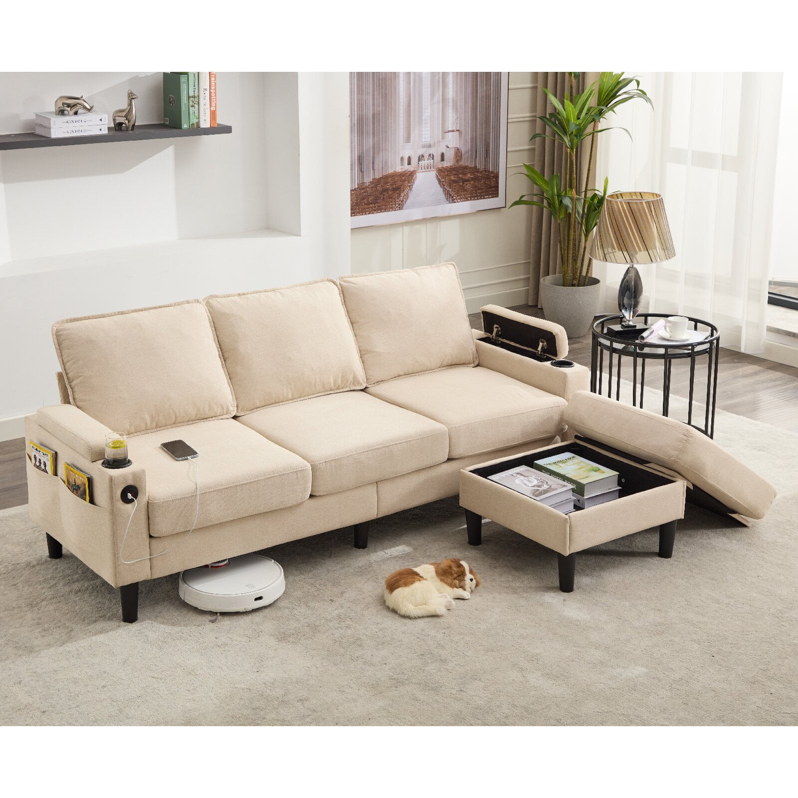 Beige Color Knock Down 3-seat Combo Sofa with Storage Ottoman for ...