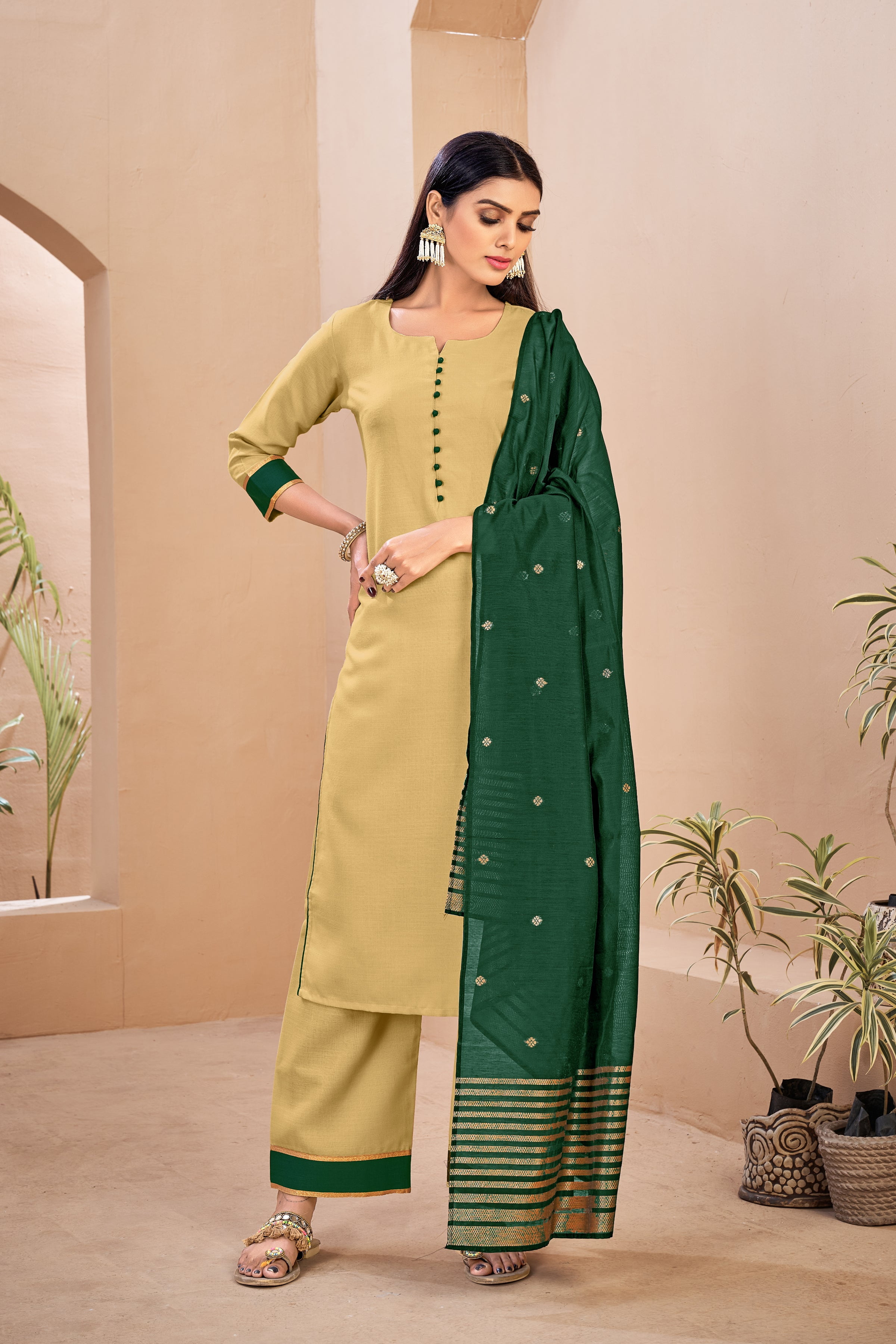 Beige Color Solid Rayon Kurti With Pant And Dupatta For Sangeet ...
