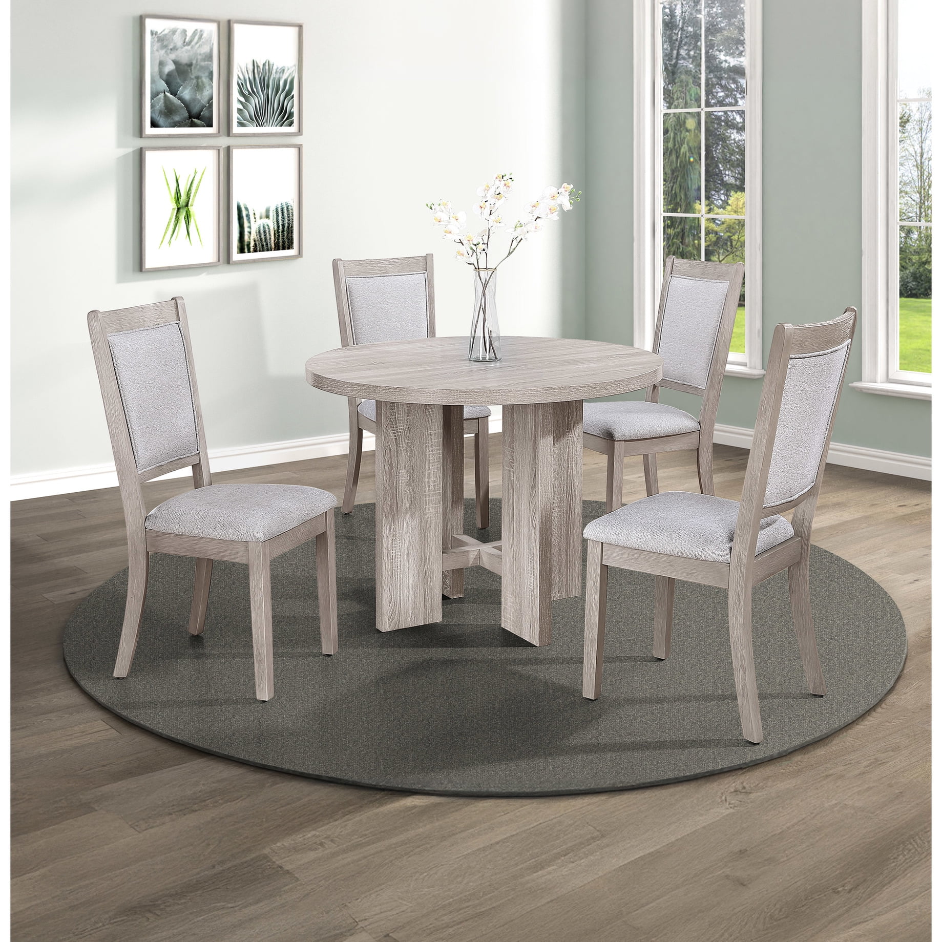 Beige Color, Solid Wood - Round Table and High Back Chairs - Dining at ...