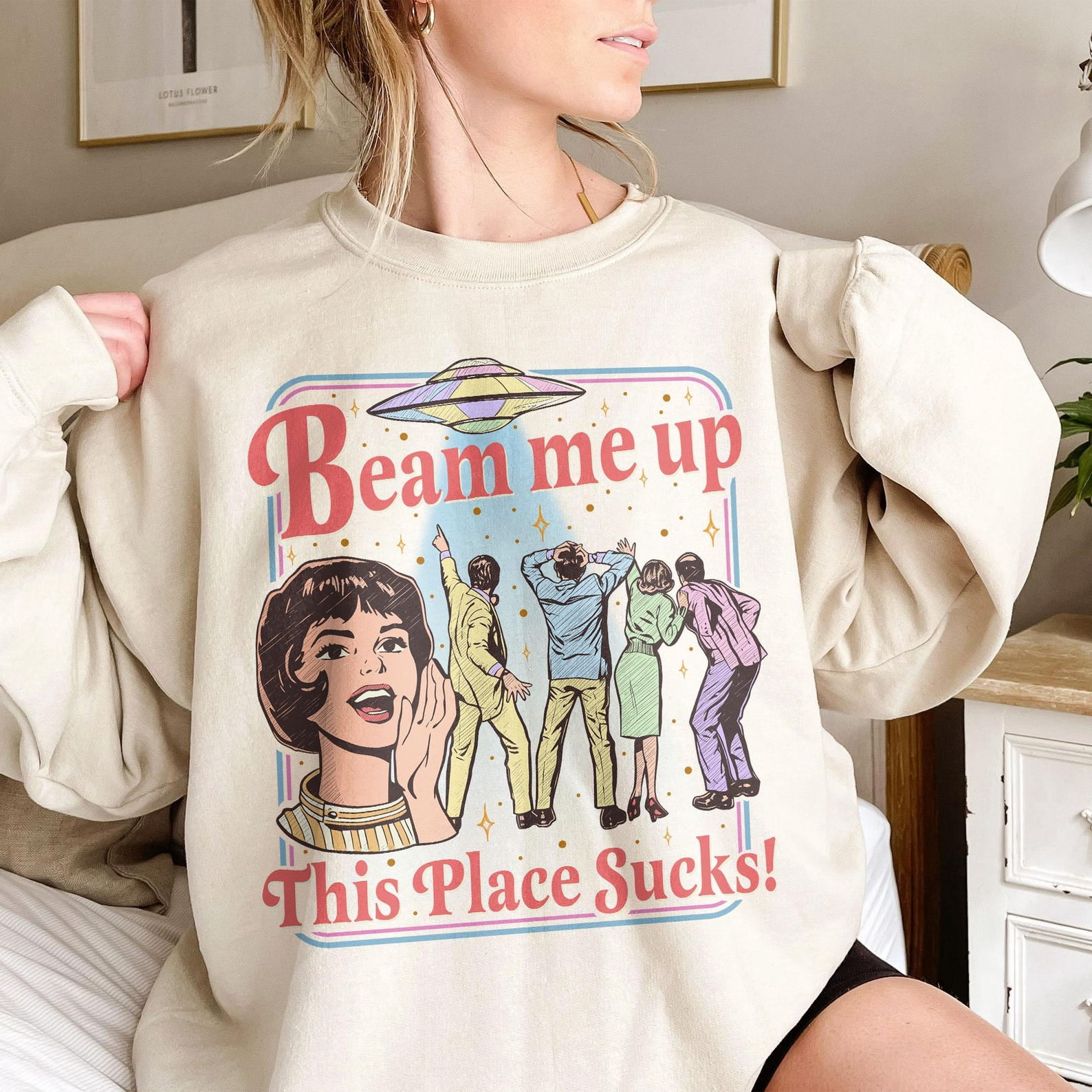 Beige Comfort Colors Sweatshirt with Retro "Beam Me Up" UFO Graphic and ...