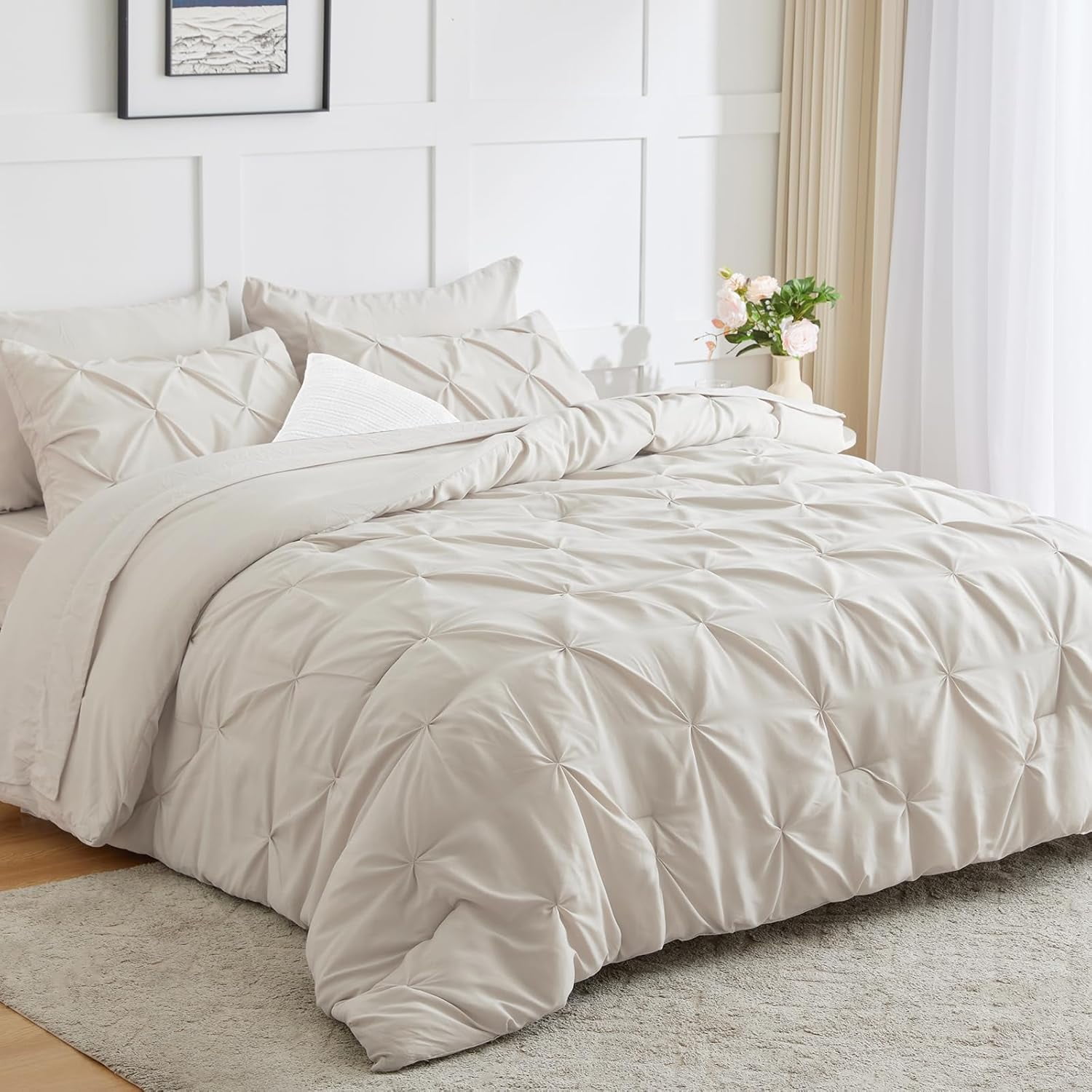 Beige Comforter Set Full 7 Pieces Soft Pintuck Cream Comforter (82"x86 ...