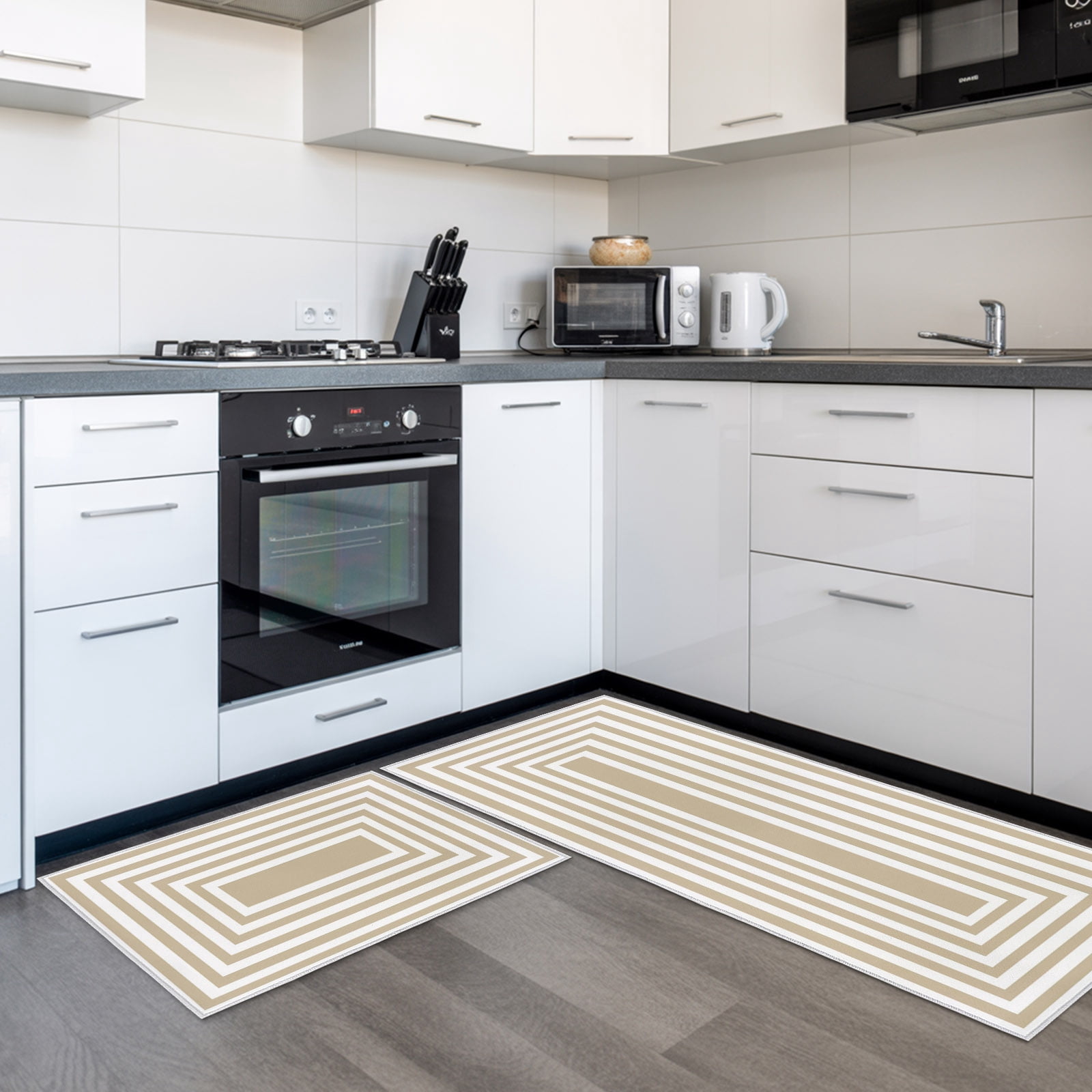 Beige Concentric Squares 2 Pieces Non-Slip Kitchen Mat Set, Modern ...