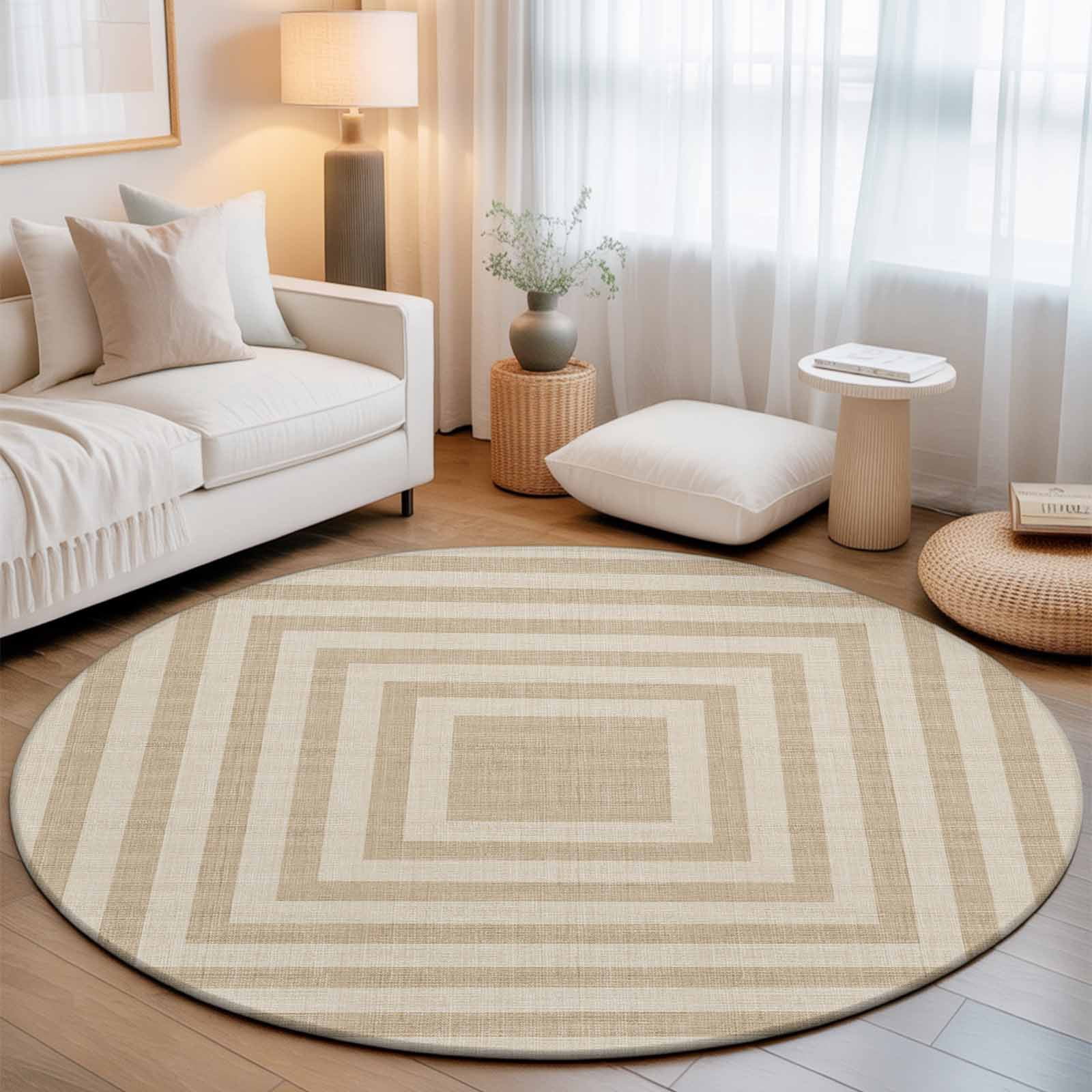 Beige Concentric Squares 4' Round Rug for Cozy Reading Nook Home Office ...