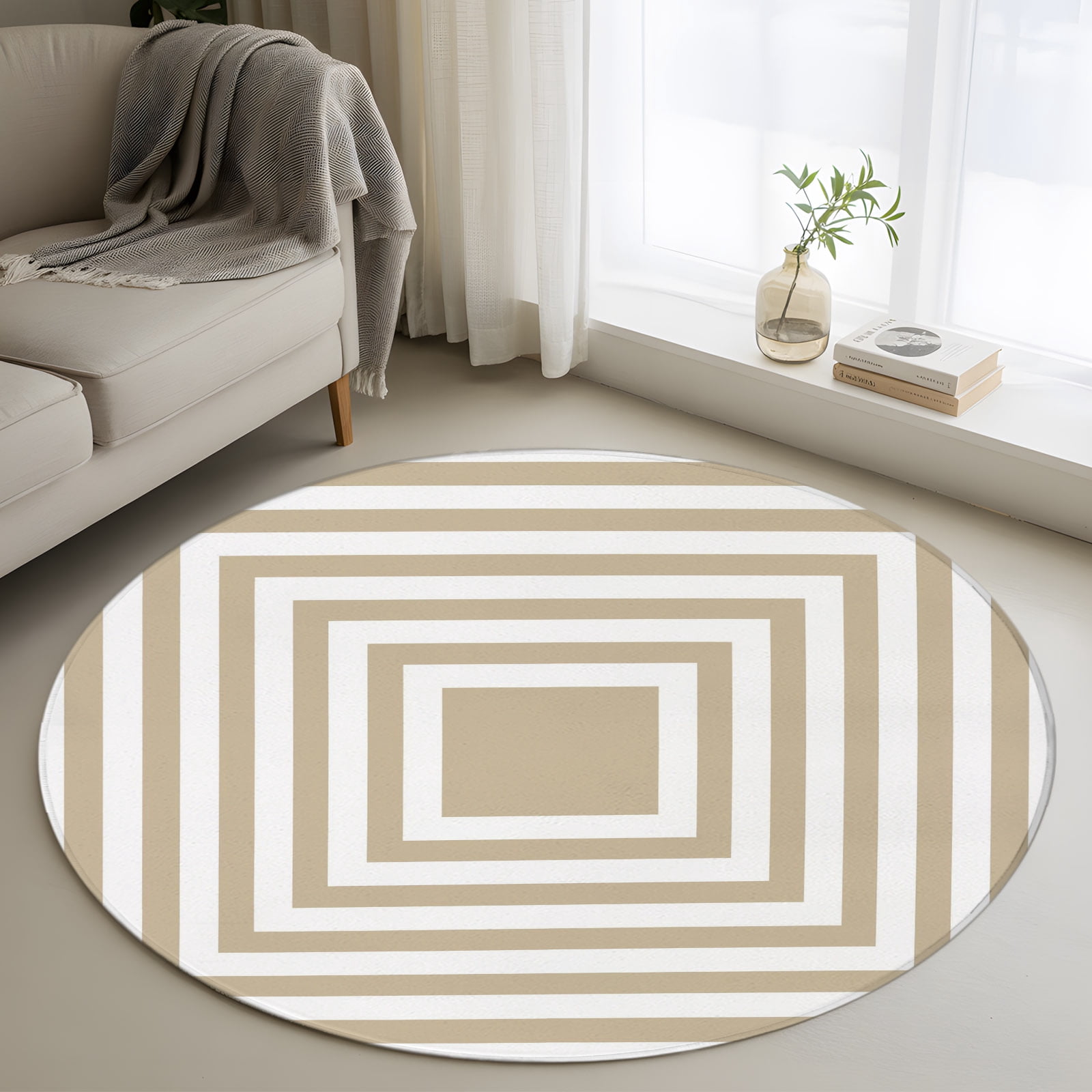 Beige Concentric Squares 4FT Round Area Rugs Modern Abstract Minimalist ...