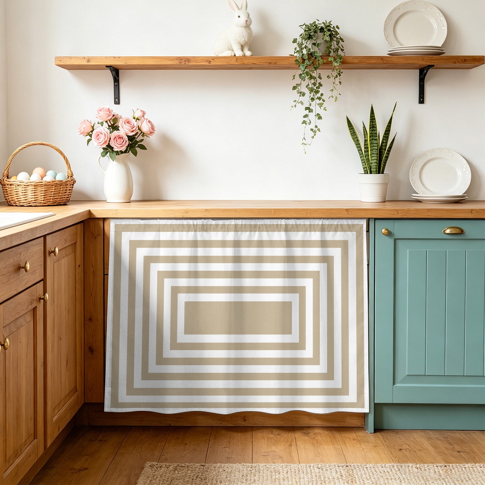 Beige Concentric Squares Cabinet Curtains 11" W x 13" L Modern Abstract ...