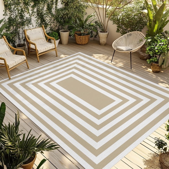 Beige Concentric Squares Outdoor Rug, Modern Abstract Minimalist ...