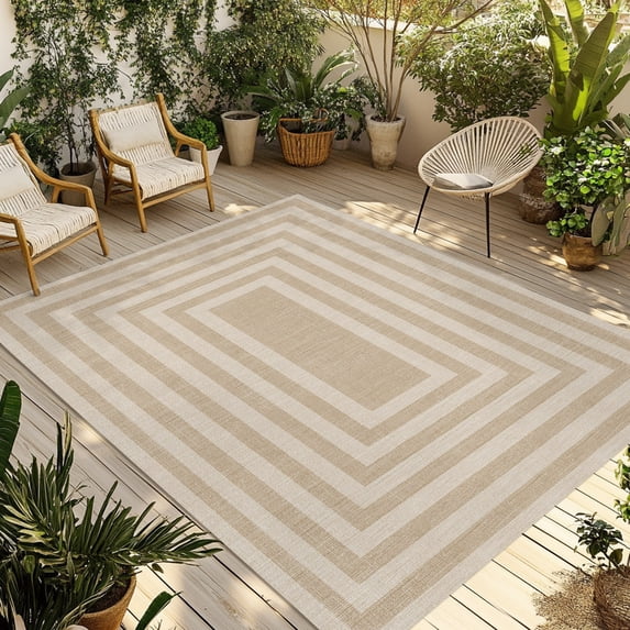 Beige Concentric Squares Outdoor Rug, Vintage Abstract Minimalist ...