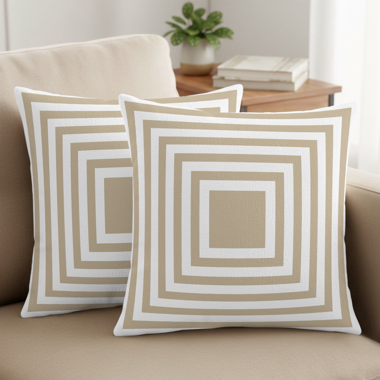 Beige Concentric Squares Pillow Covers Set of 2, Modern Abstract ...