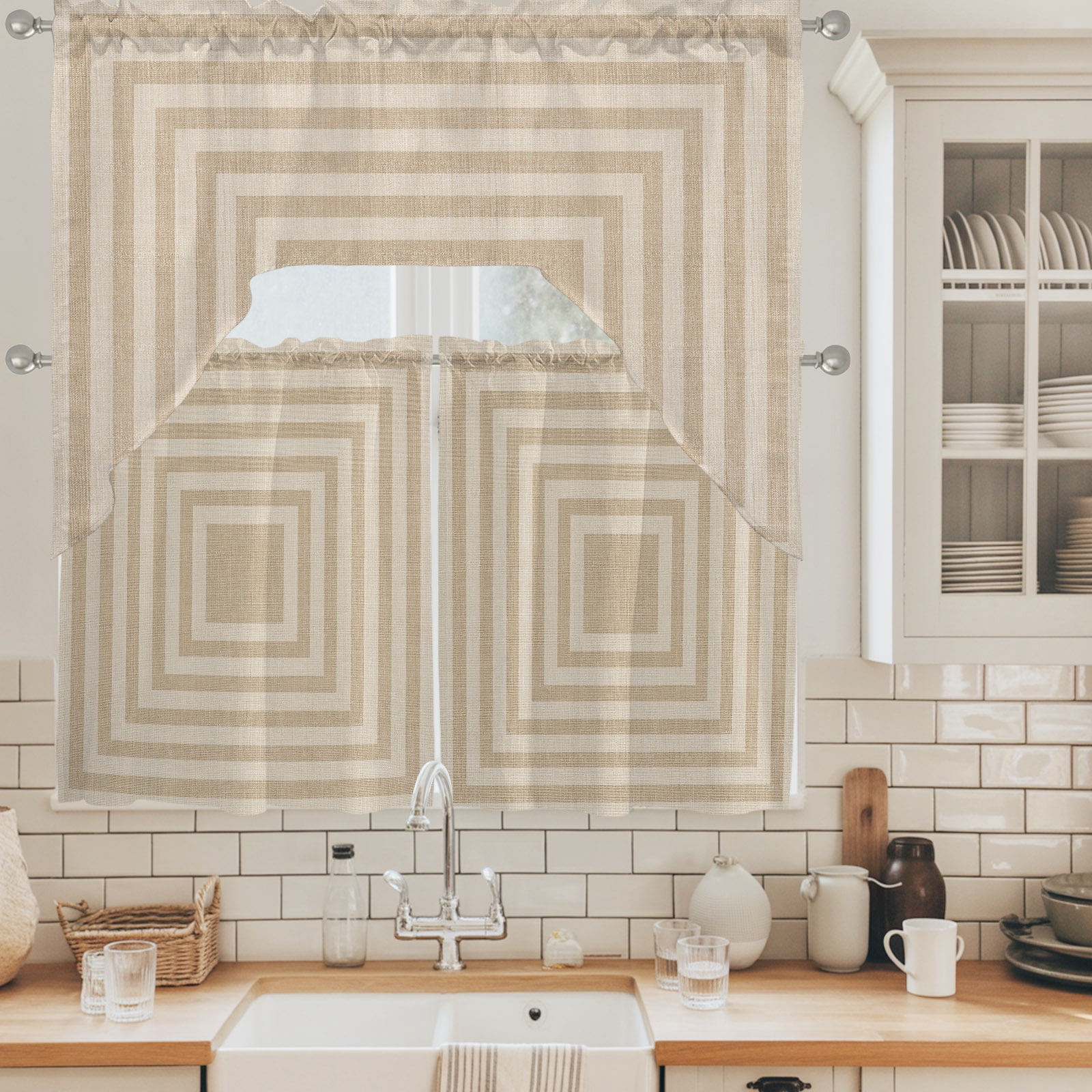 Beige Concentric Squares Swag Curtains Valance and Tier Set, Vintage ...