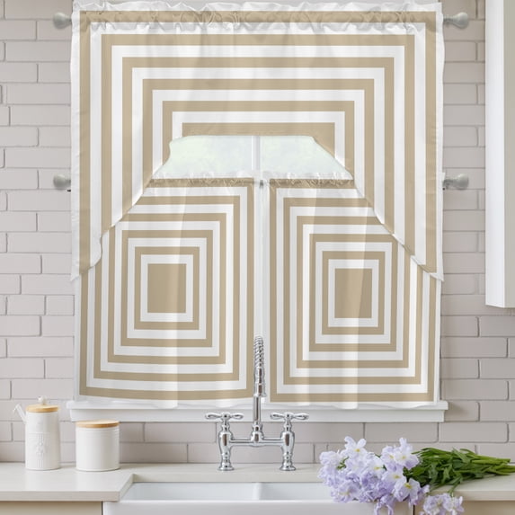 Beige Concentric Squares Swag Valance and Tier Set of 3, Modern ...