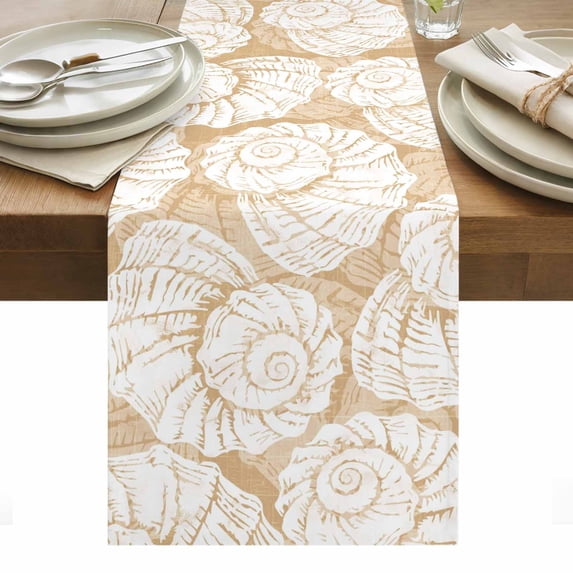 Beige Conch Cotton Linen Table Runner Coastal Summer Ocean Beach ...