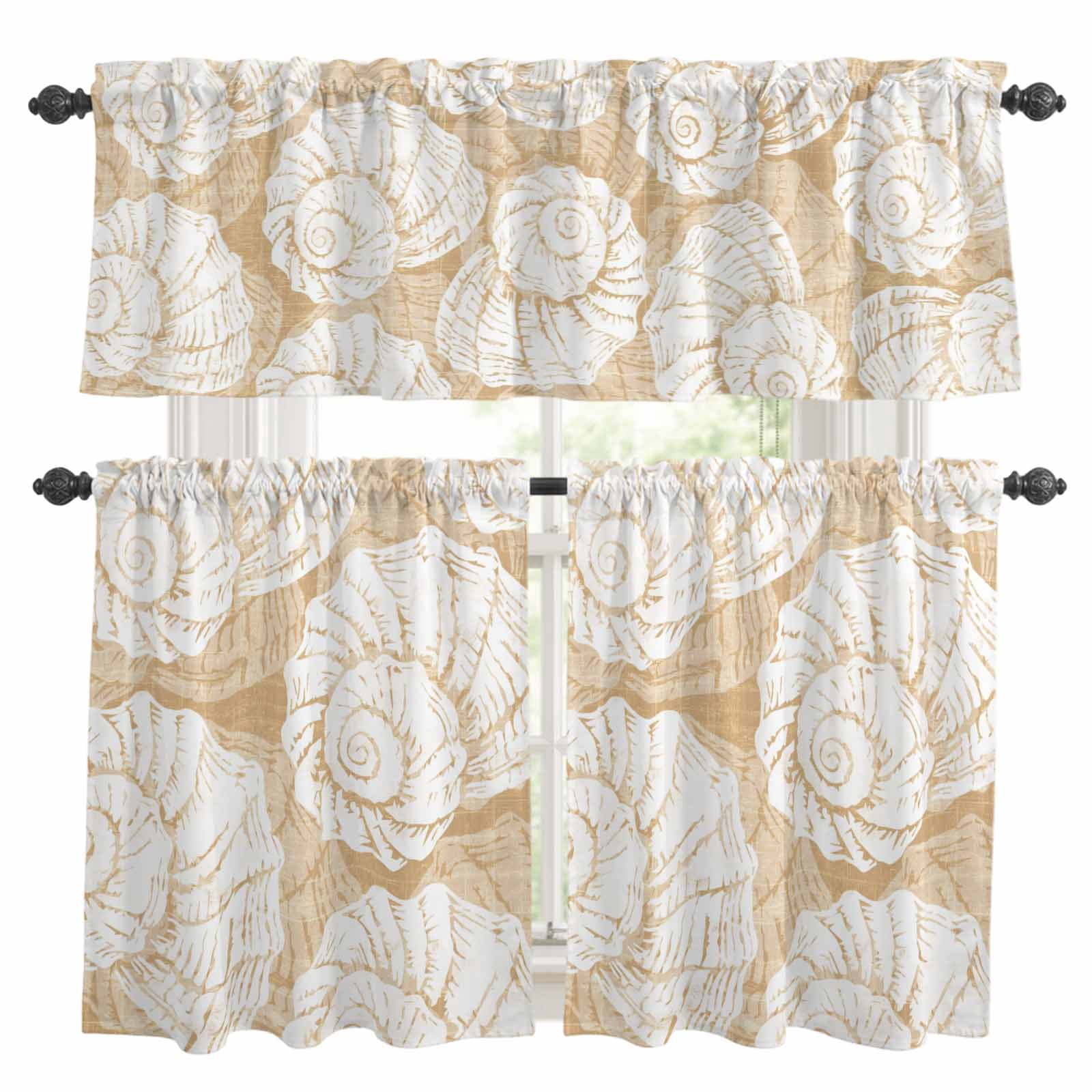Beige Conch Kitchen Curtains Set for Windows, Coastal Summer Ocean ...