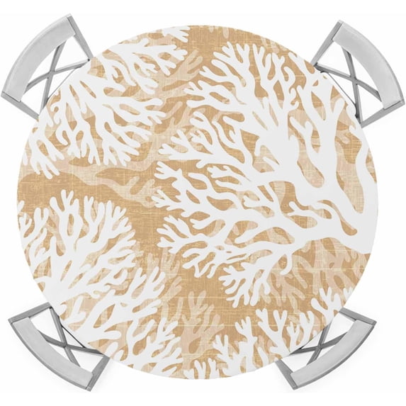 Beige Coral Coastal Round Tablecloth, Fitted Table Cover with Elastic ...