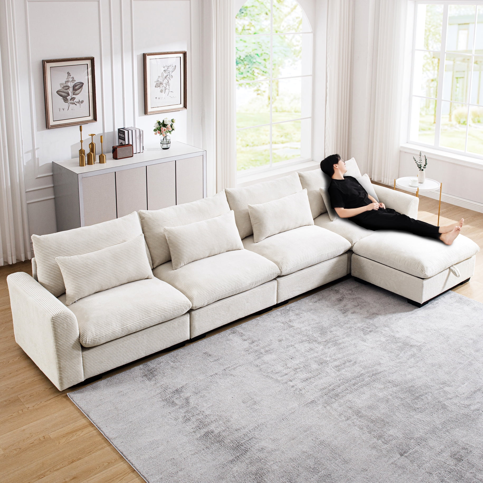 Beige Corduroy Couch With Deep Seat And Storage Footrest, 4 Cushions ...