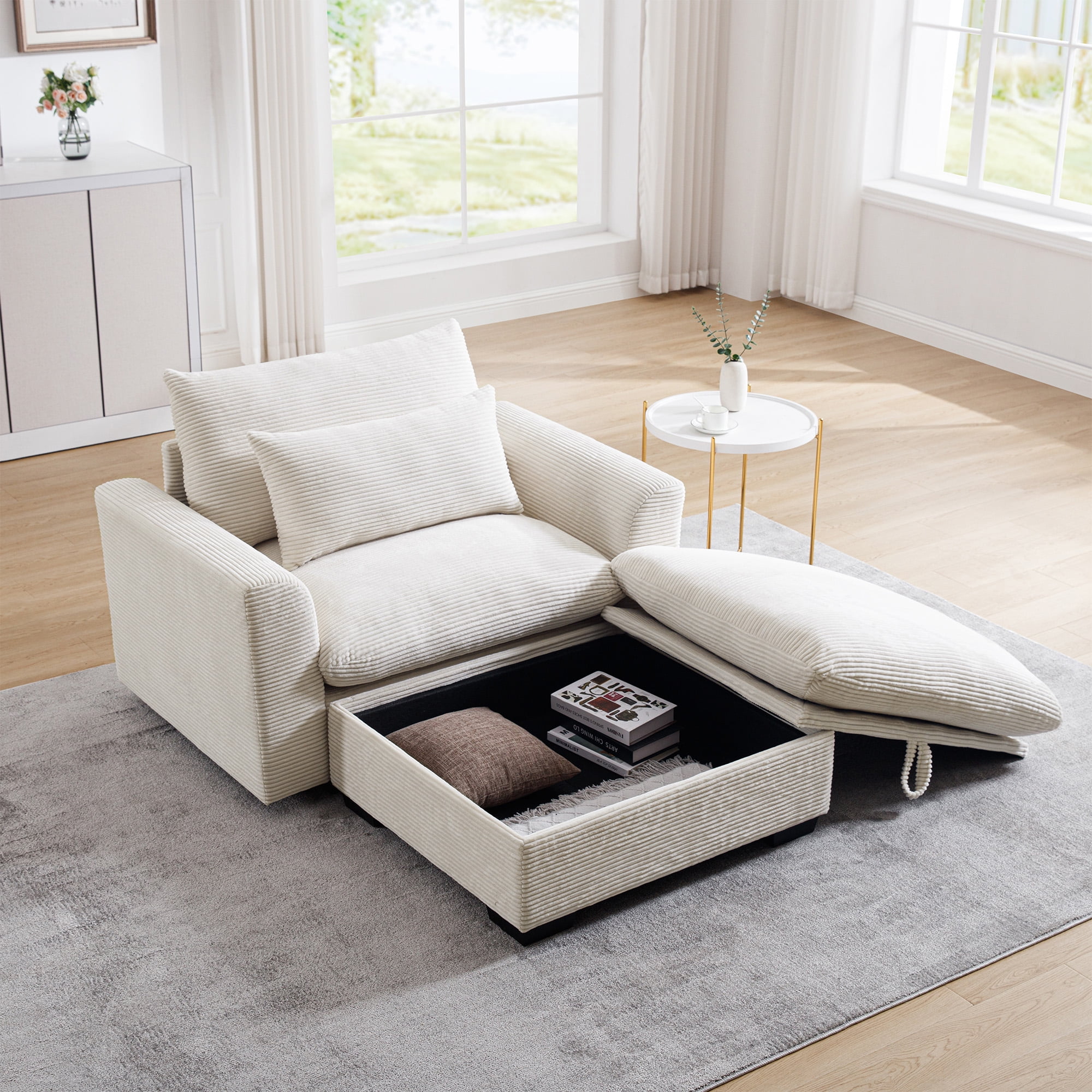 Beige Corduroy Sofa Couch Modular Couch with Storage Ottoman Couch Deep ...