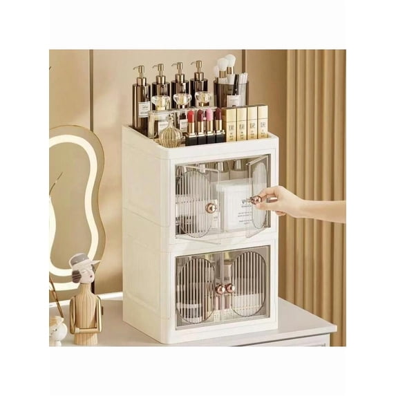 Beige Cosmetic Storage Box, Multi-Layer Transparent Foldable Makeup ...