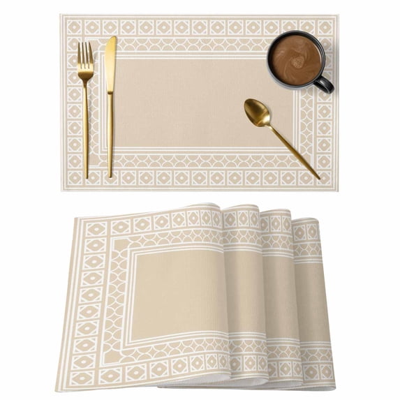 Beige Cotton Linen Placemats Set of 1, Boho Diamond Pattern Border ...