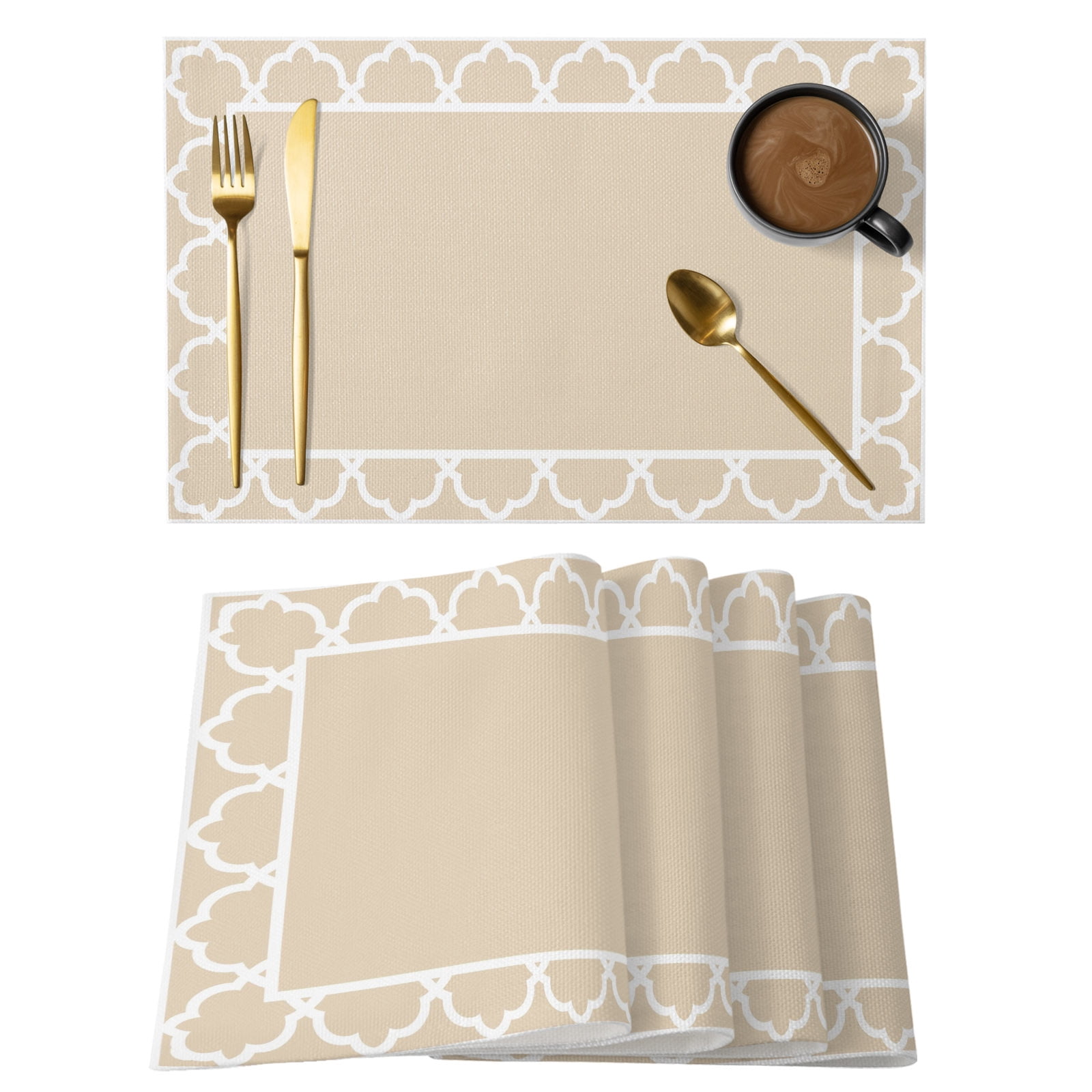 Beige Cotton Linen Placemats Set of 8, Geometric Morocco Printed Border ...