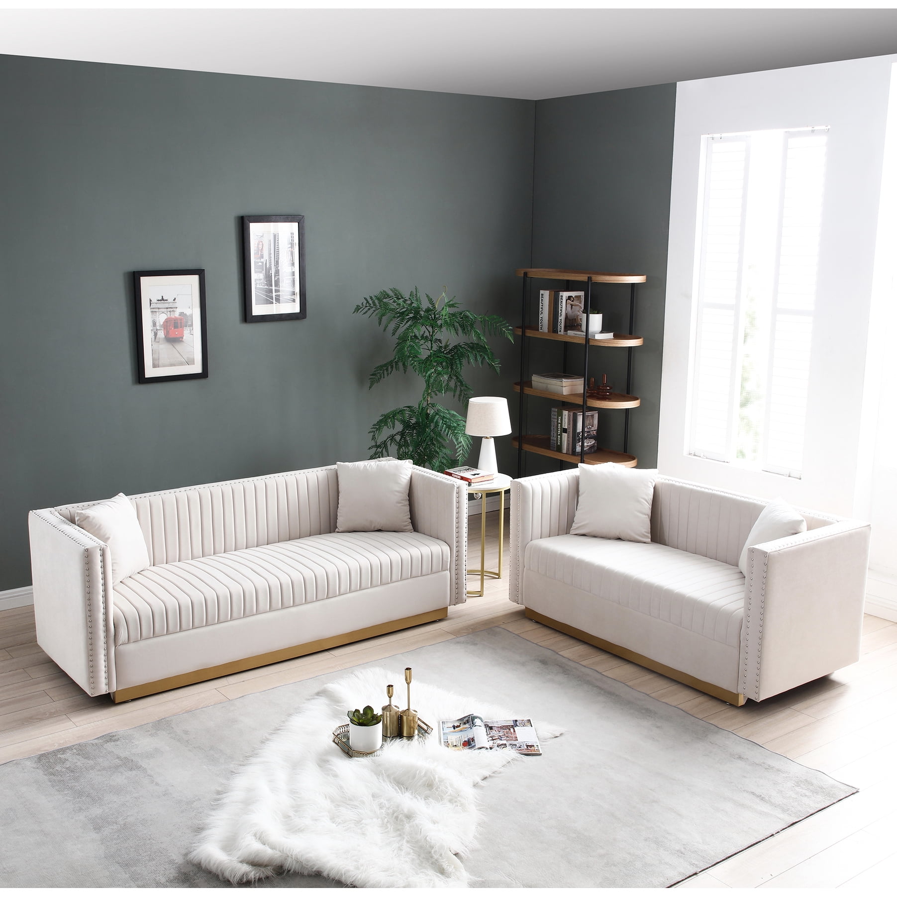 Beige Couch - Contemporary Vertical Channel Velvet, Modern Upholstered ...