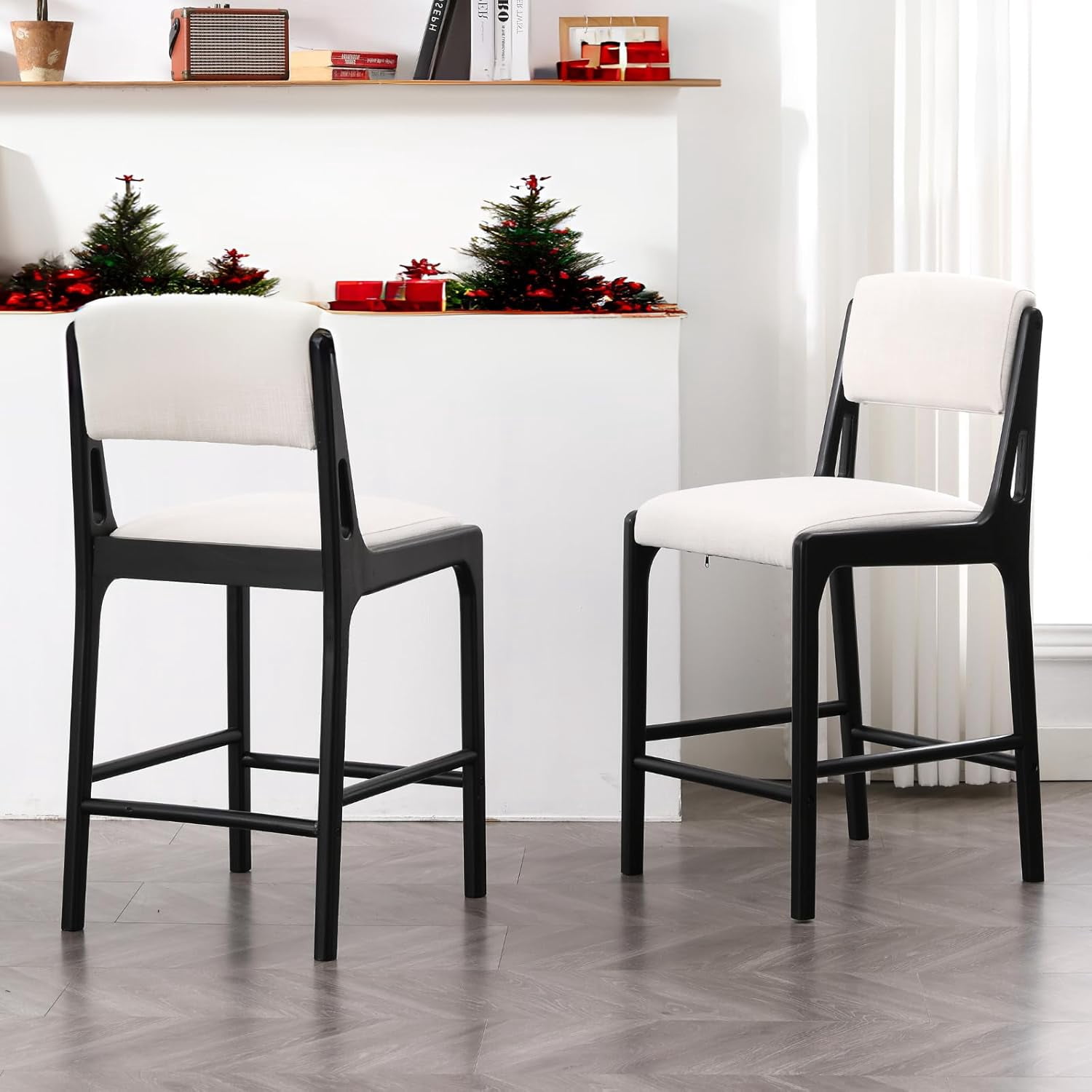 Beige Counter Stools Set of 2 French Country Bar Stools 26 Inch Wooden ...