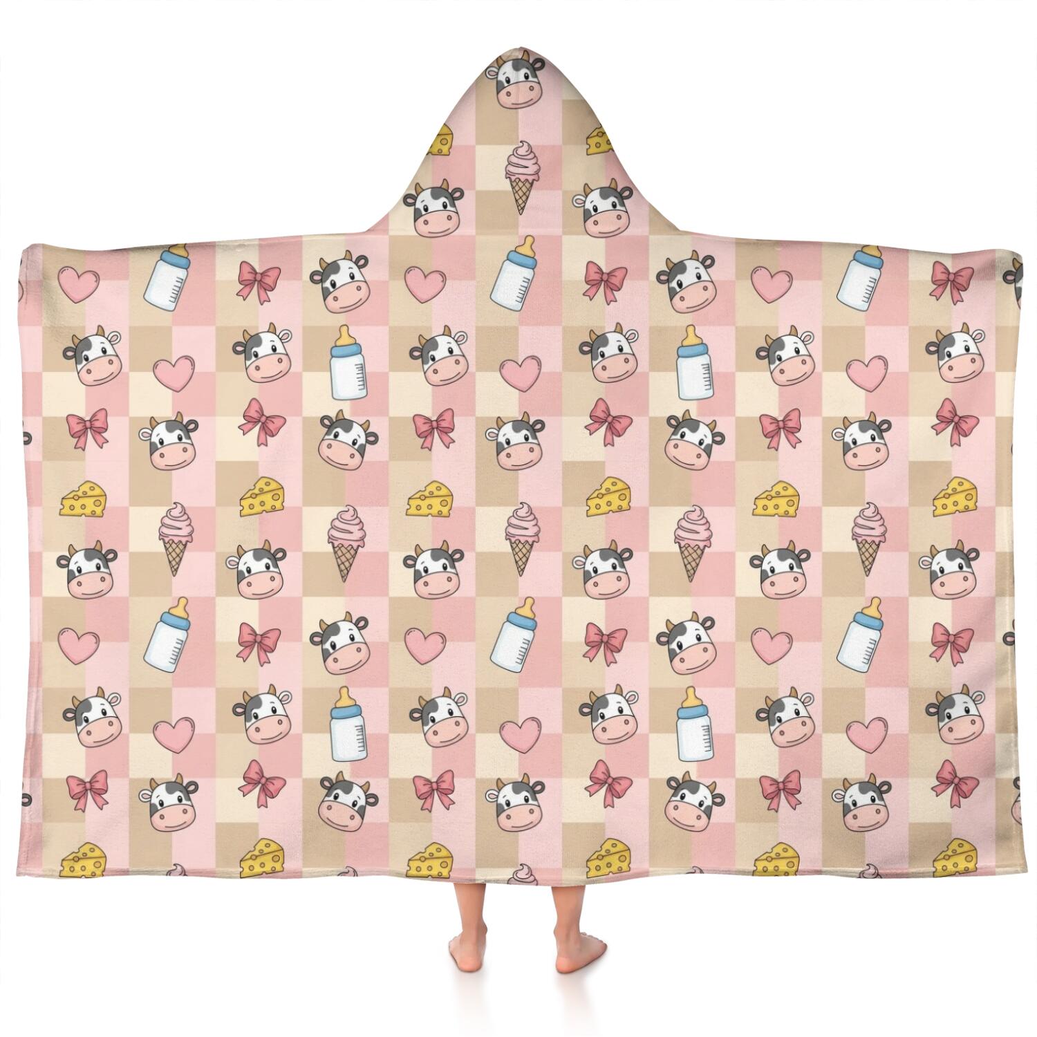 Beige Cow Checker Pattern Hooded Bath Towel，60"x35" for Ages 3 To 12 ...