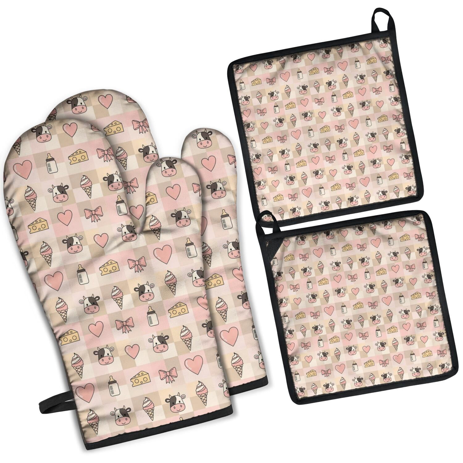 Beige Cow Checker Pattern Kitchen Oven Mitt and Pot Holder Sets 4 Pcs ...