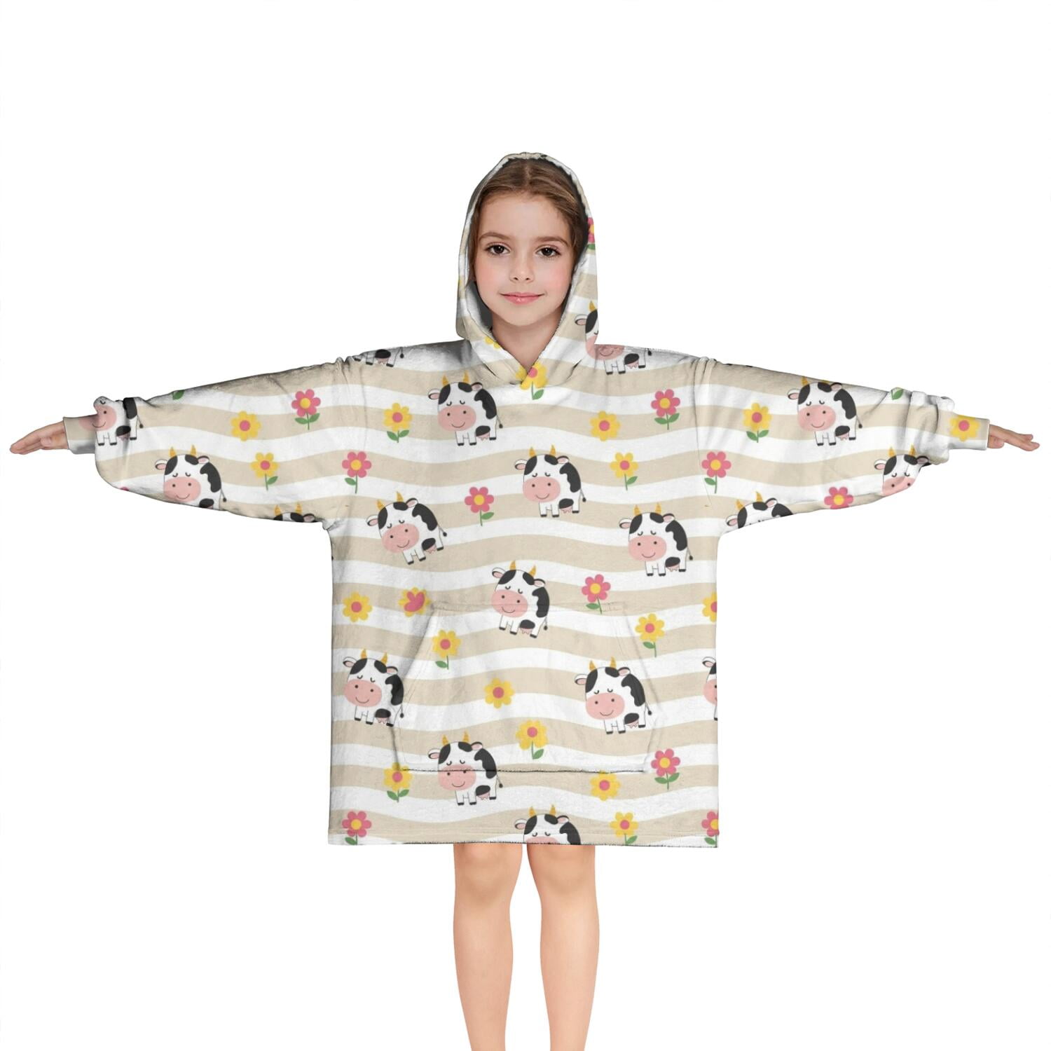 Beige Cow Flower Pattern Blanket Hoodies for Kids 6-13YR Oversize ...