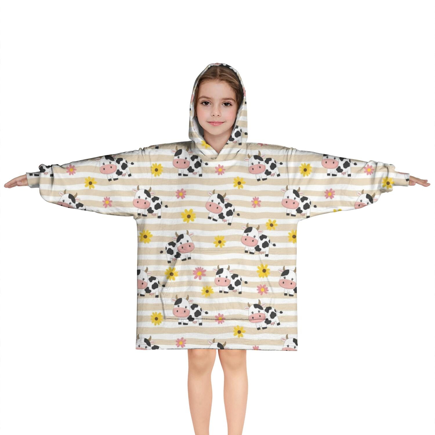 Beige Cow Flower Pattern Blanket Hoodies for Kids 6-13YR Oversize ...