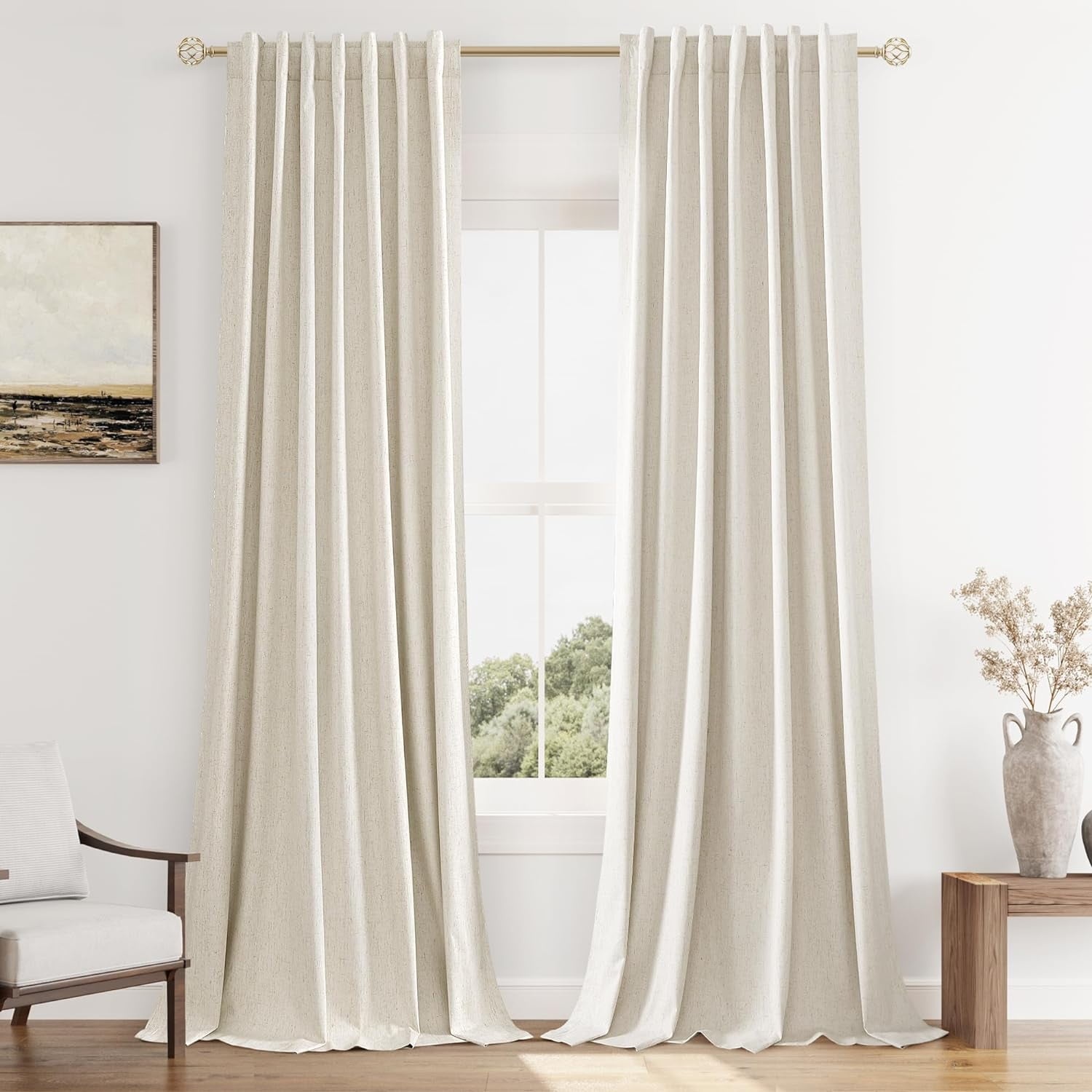 Beige Cream Linen Blackout Curtains 100 Inch Length 2 Panels Set for ...