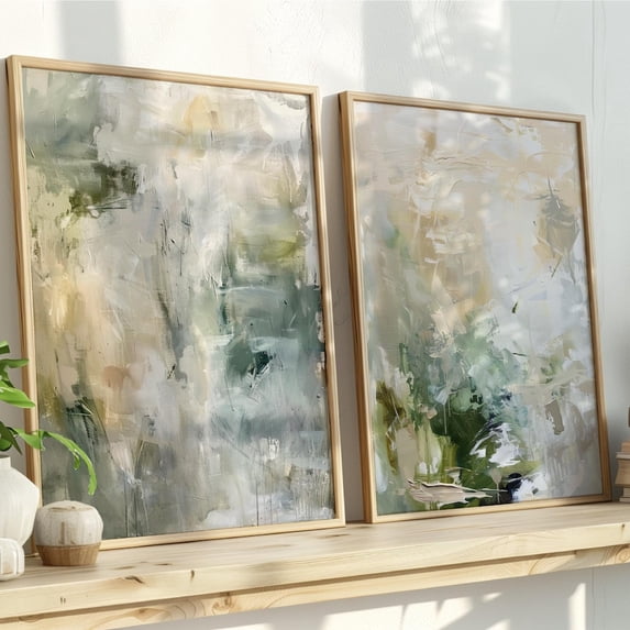 Beige Cream Sage Fluid Brushstroke Diptych Neutral Wall Art Set 2 ...