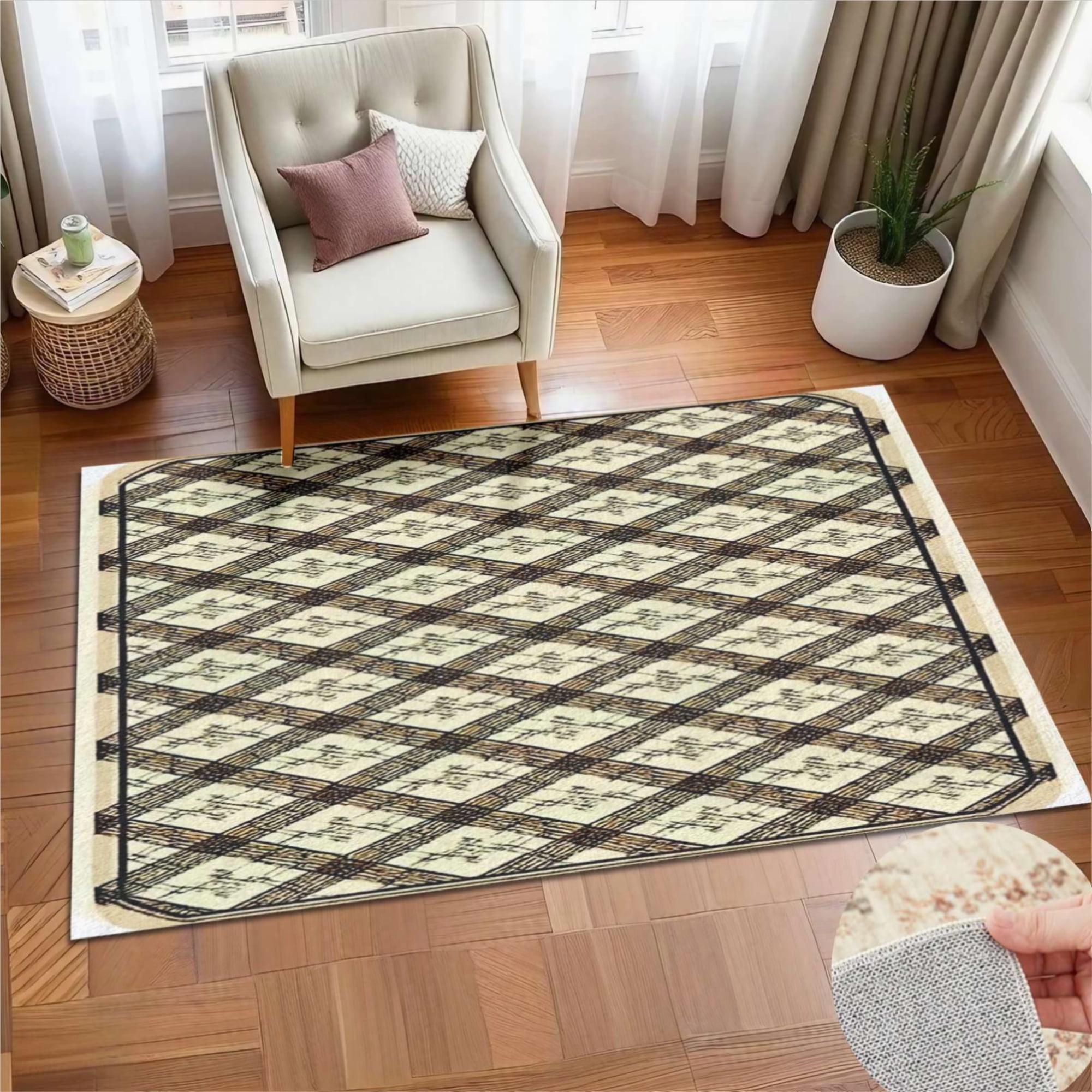 Beige Crisscross Patterned Card Back Soft Large Area Rugs Washable Rug ...