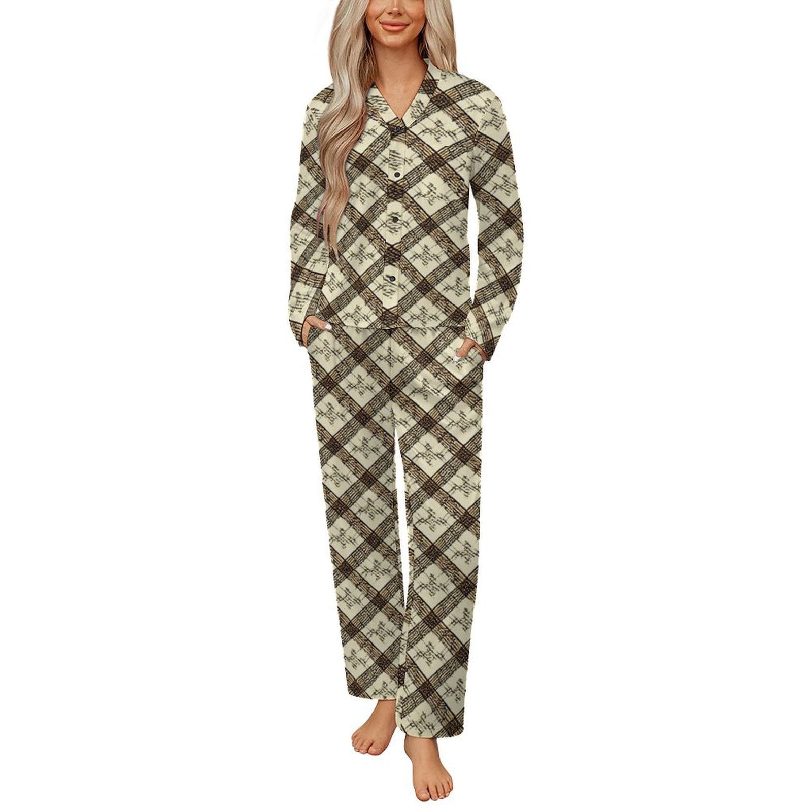 Beige Crisscross Patterned Card Back Womens Pyjamas Set Button Up ...
