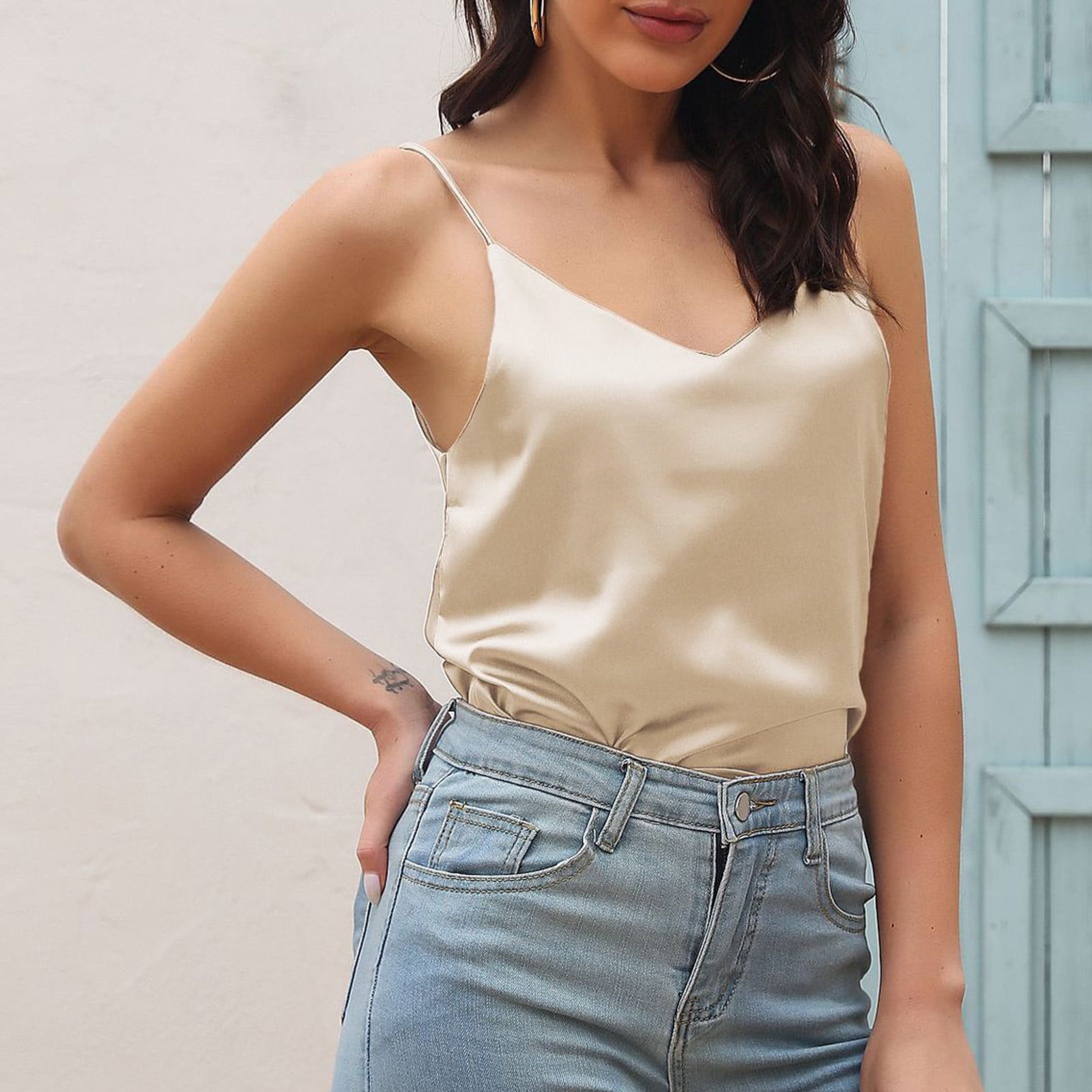 MPWEGNP Beige Crop Tanks for Women Spaghetti Strap V Neck Satin ...