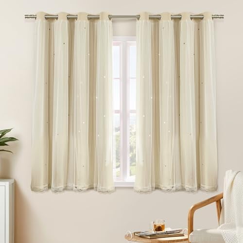 Beige Curtains with Sheer Overlay for Living Room Bedroom 2 Panels Star ...