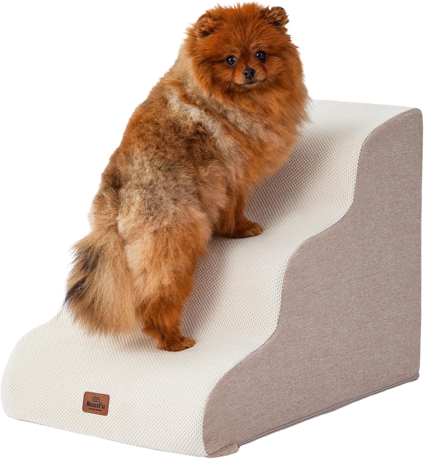 Beige Curved Dog Stairs Ramp for Small Dogs & Cats 17" H, 3-Step Dog ...