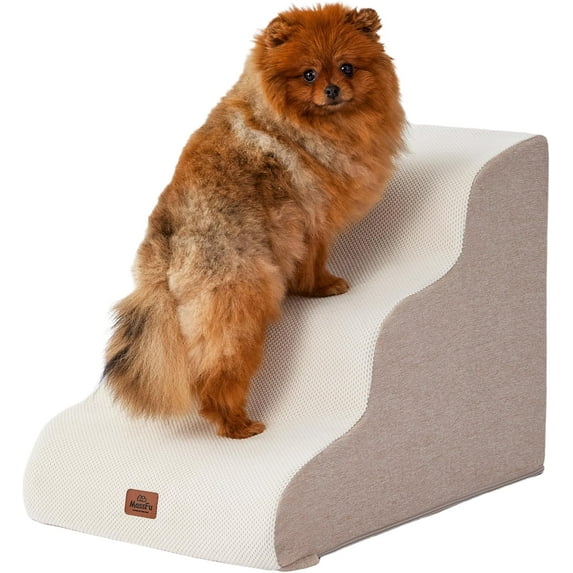Beige Curved Dog Stairs Ramp for Small Dogs & Cats 17" H, 3-Step Dog ...