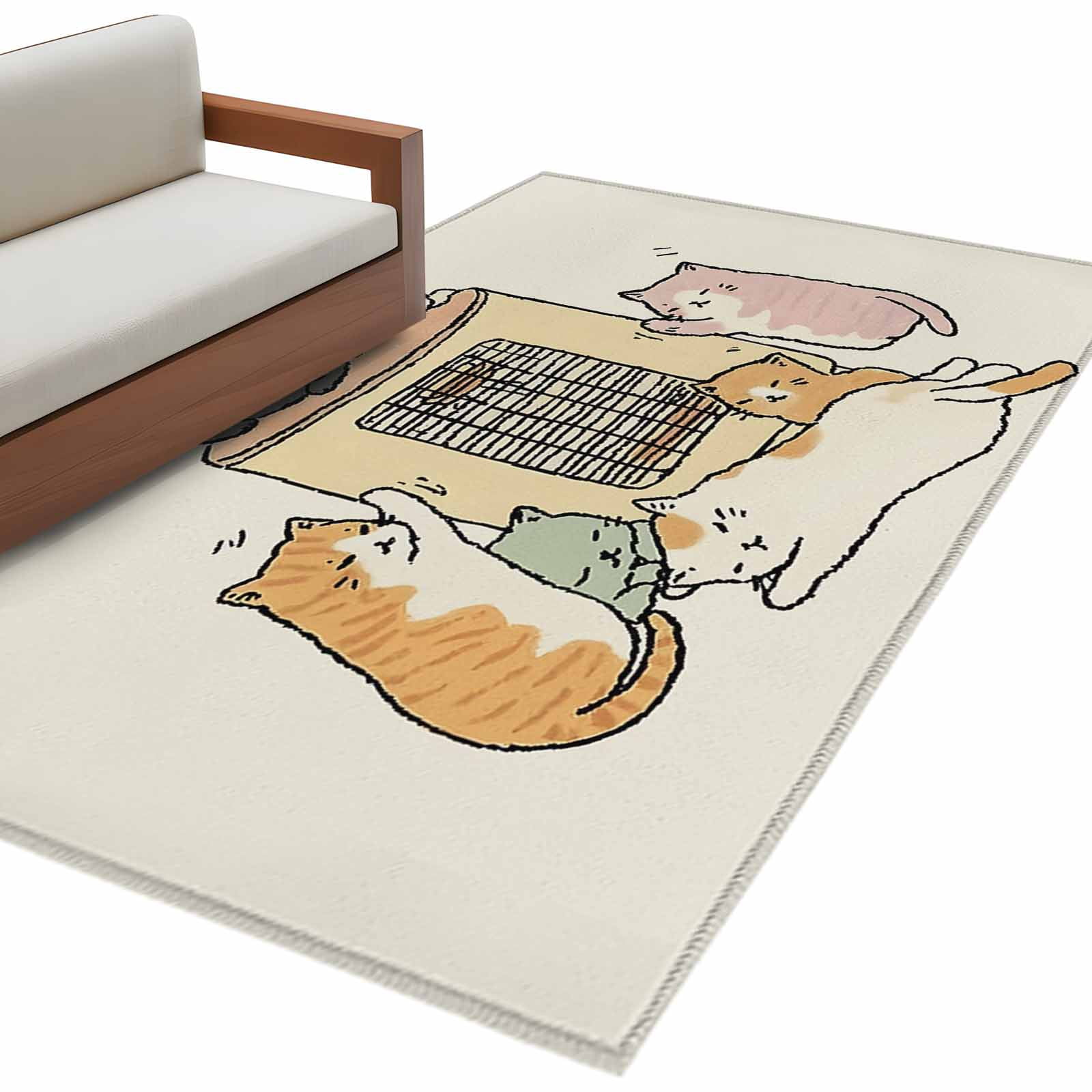 Beige Cute Cat Area Rugs Collection 4'x6', Cartoon Funny Heater Cats ...