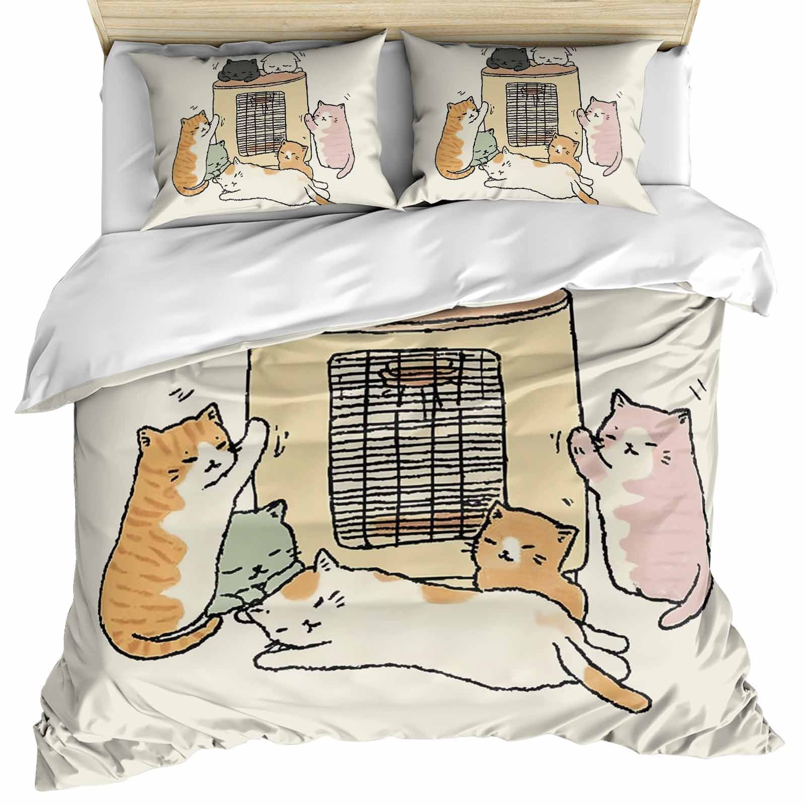 Beige Cute Cat Bedding 3 Piece Duvet Cover Set California King, Cartoon ...