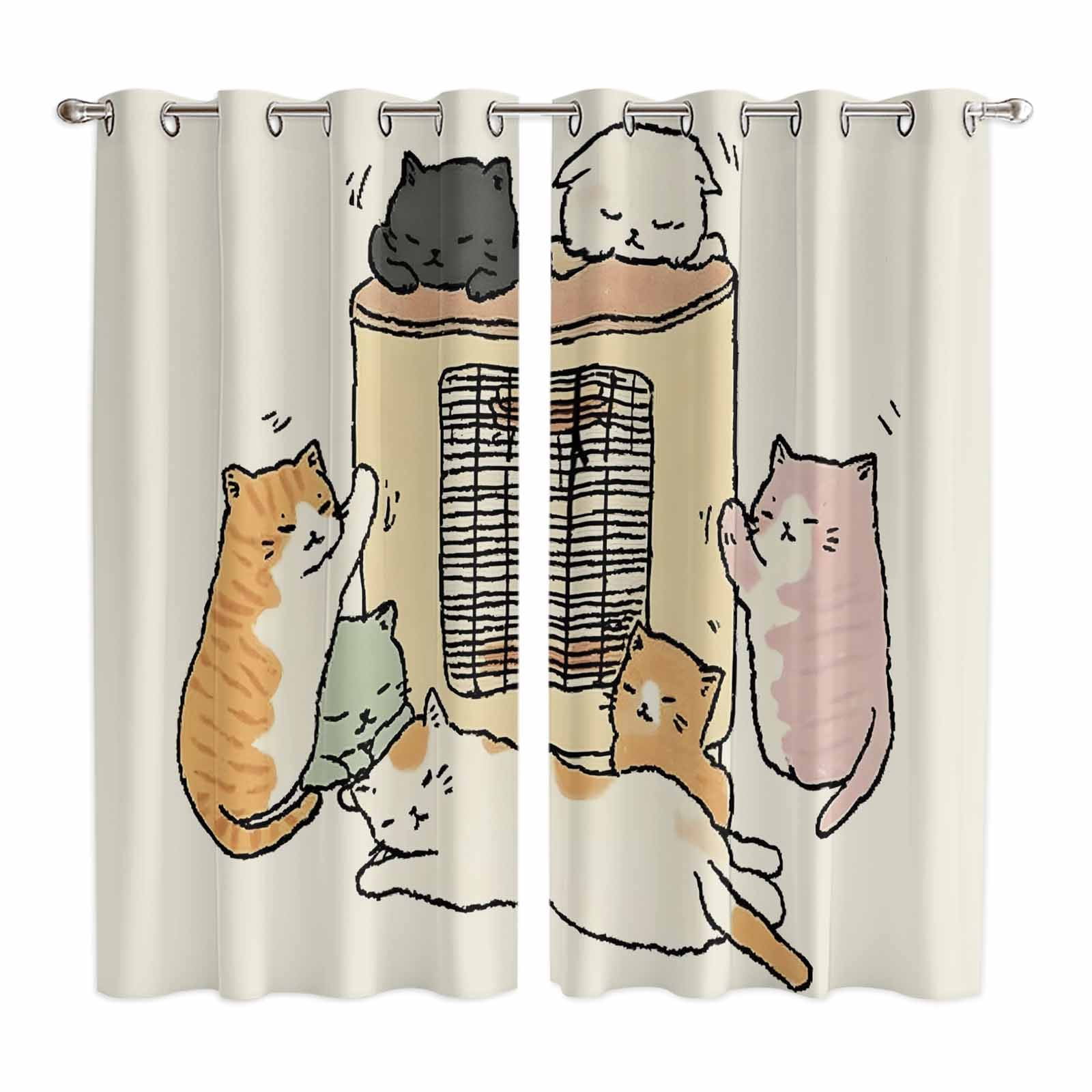Beige Cute Cat Kitchen Curtains Window Panels, Cartoon Funny Heater ...