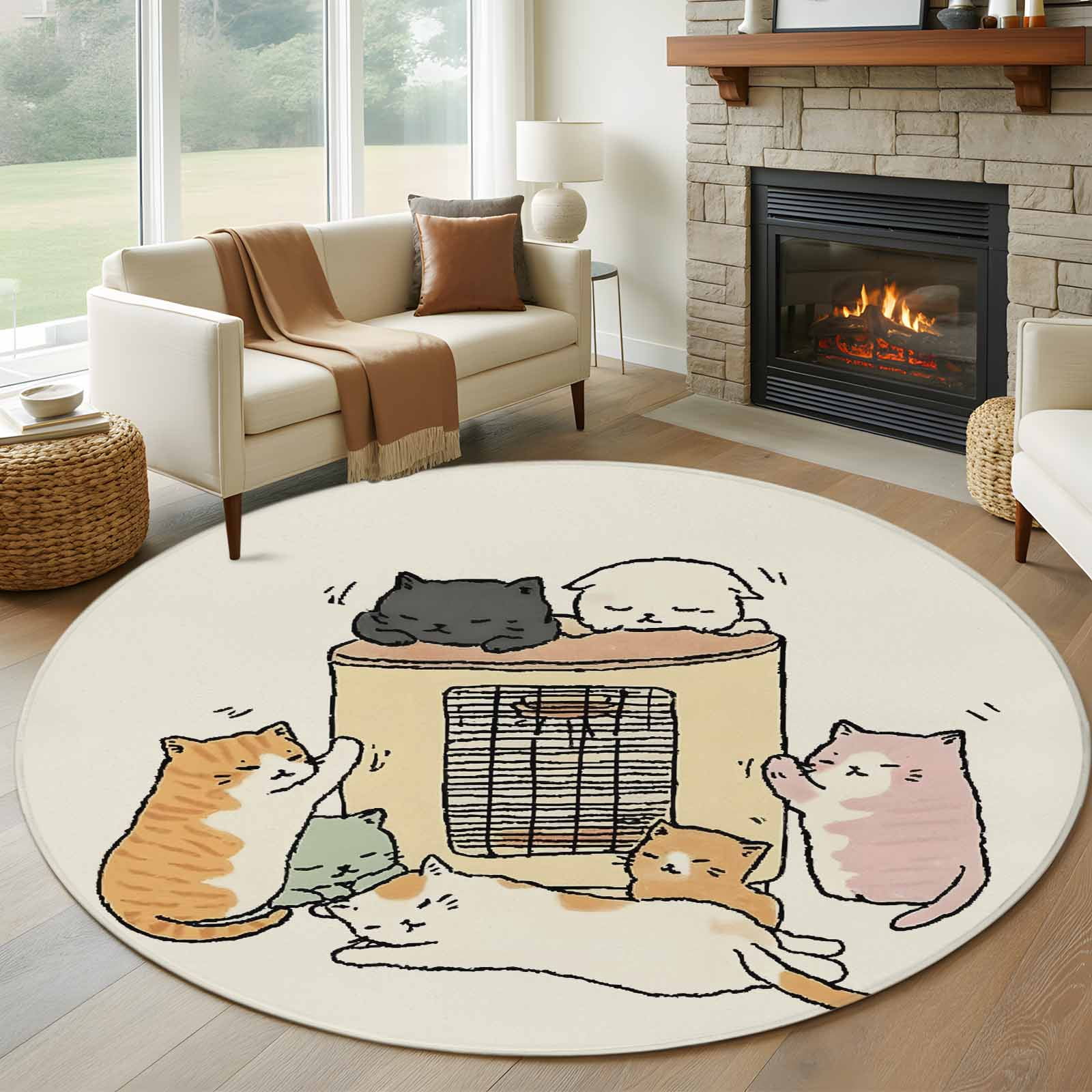 Beige Cute Cat Round Area Rug 5ft, Cartoon Funny Heater Cats Washable ...