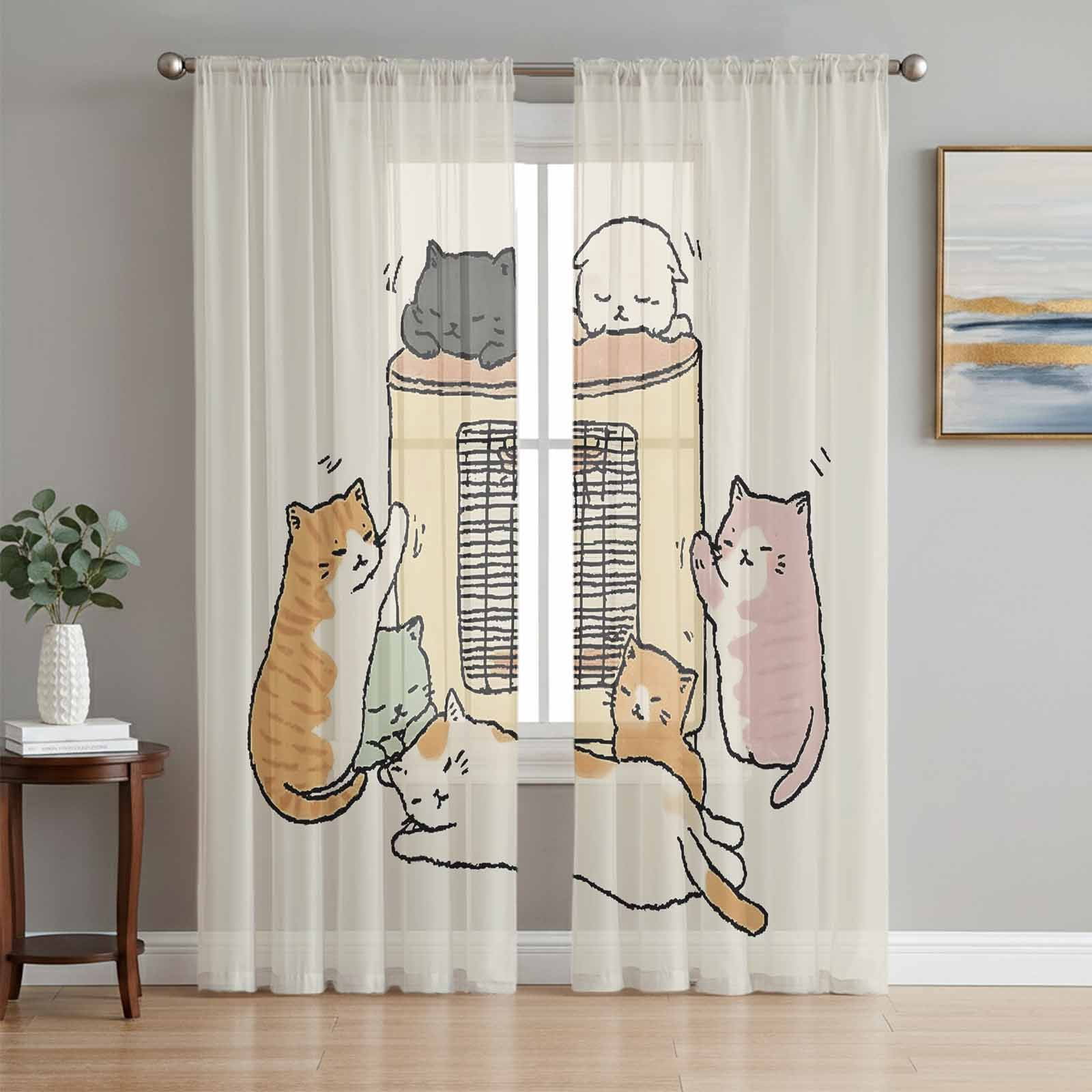 Beige Cute Cat Sheer Curtains 108 Inch Length 2 Panels Set Window ...
