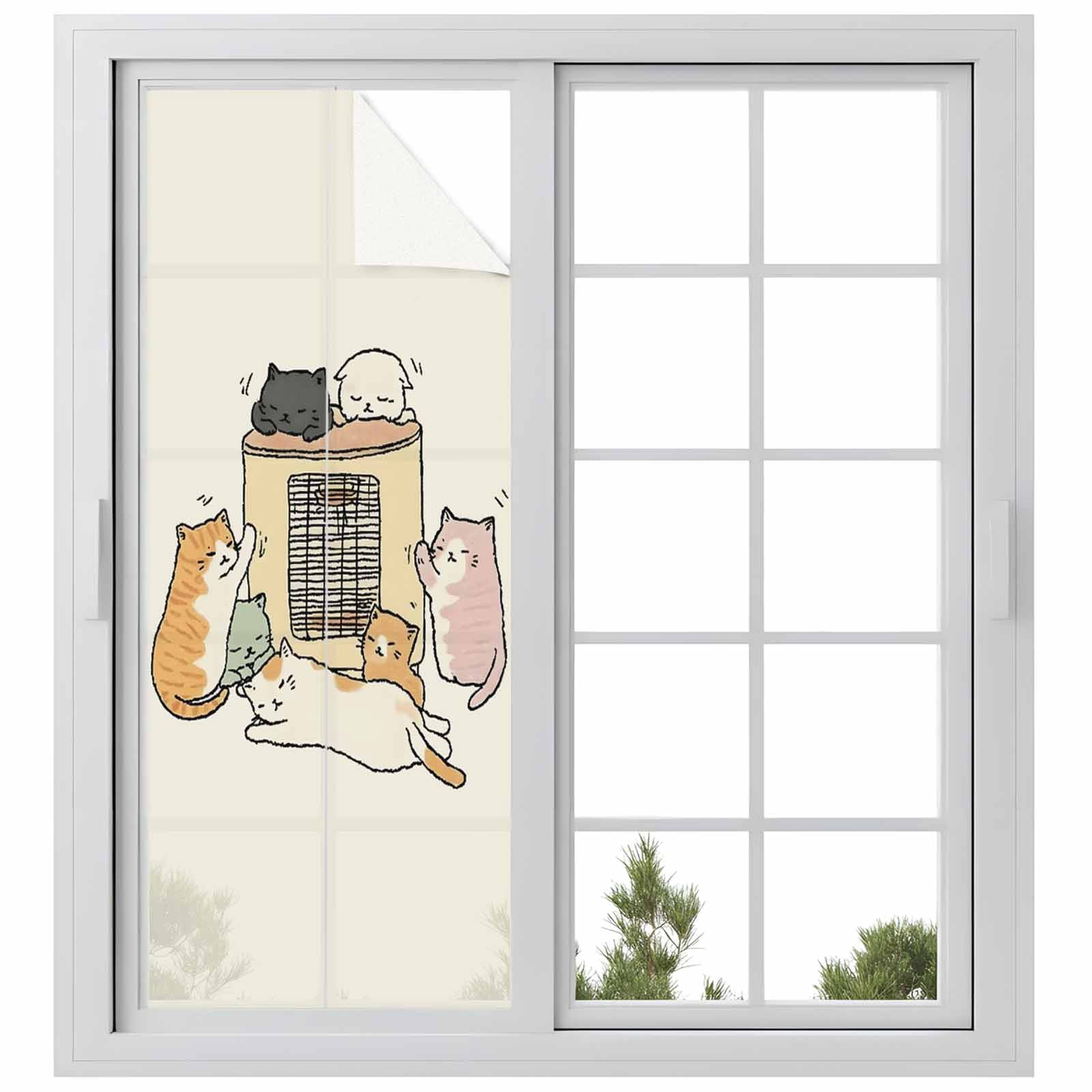 Beige Cute Cat Window Privacy Film, Cartoon Funny Heater Cats Static ...