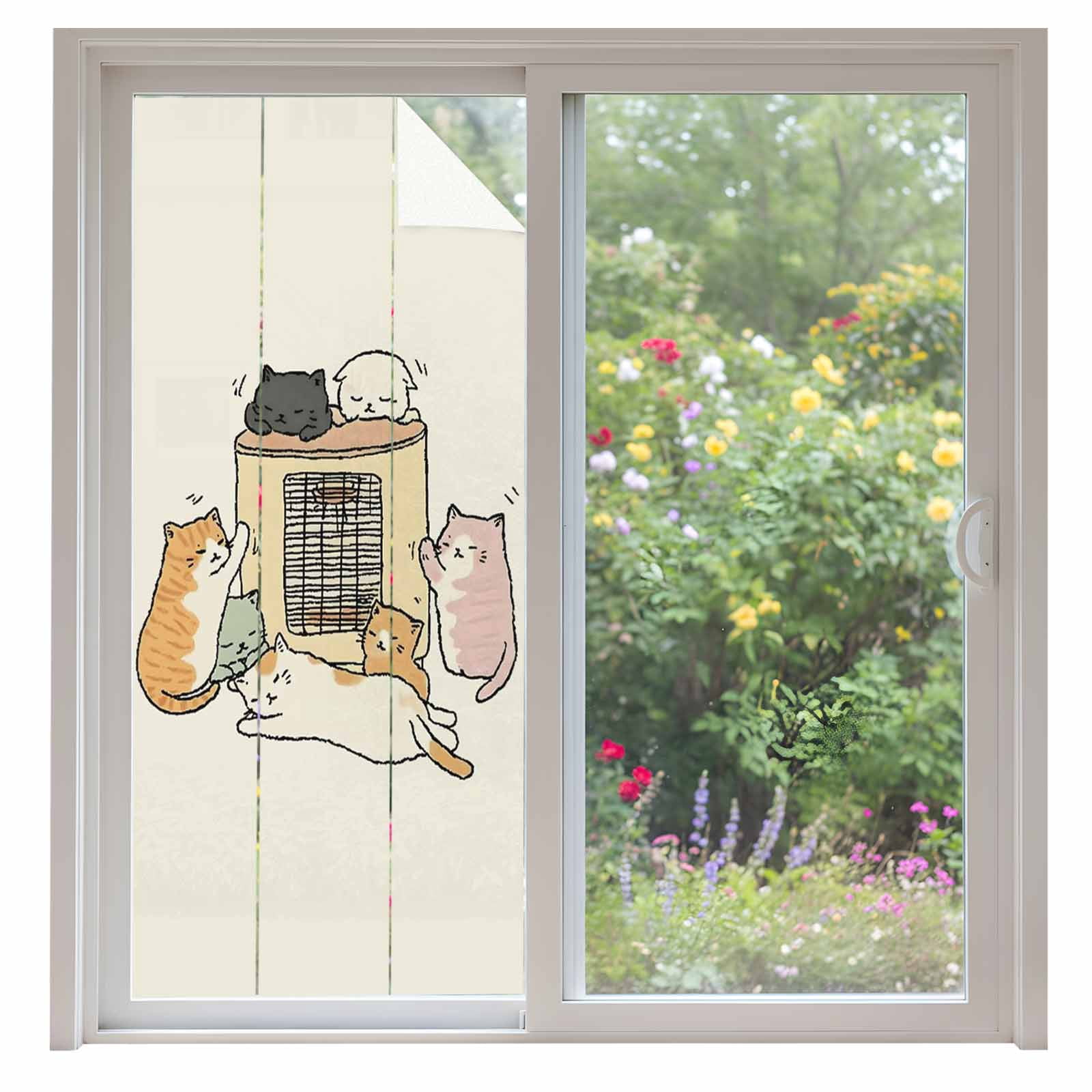 Beige Cute Cat Window Privacy Film, Cartoon Funny Heater Cats Static ...