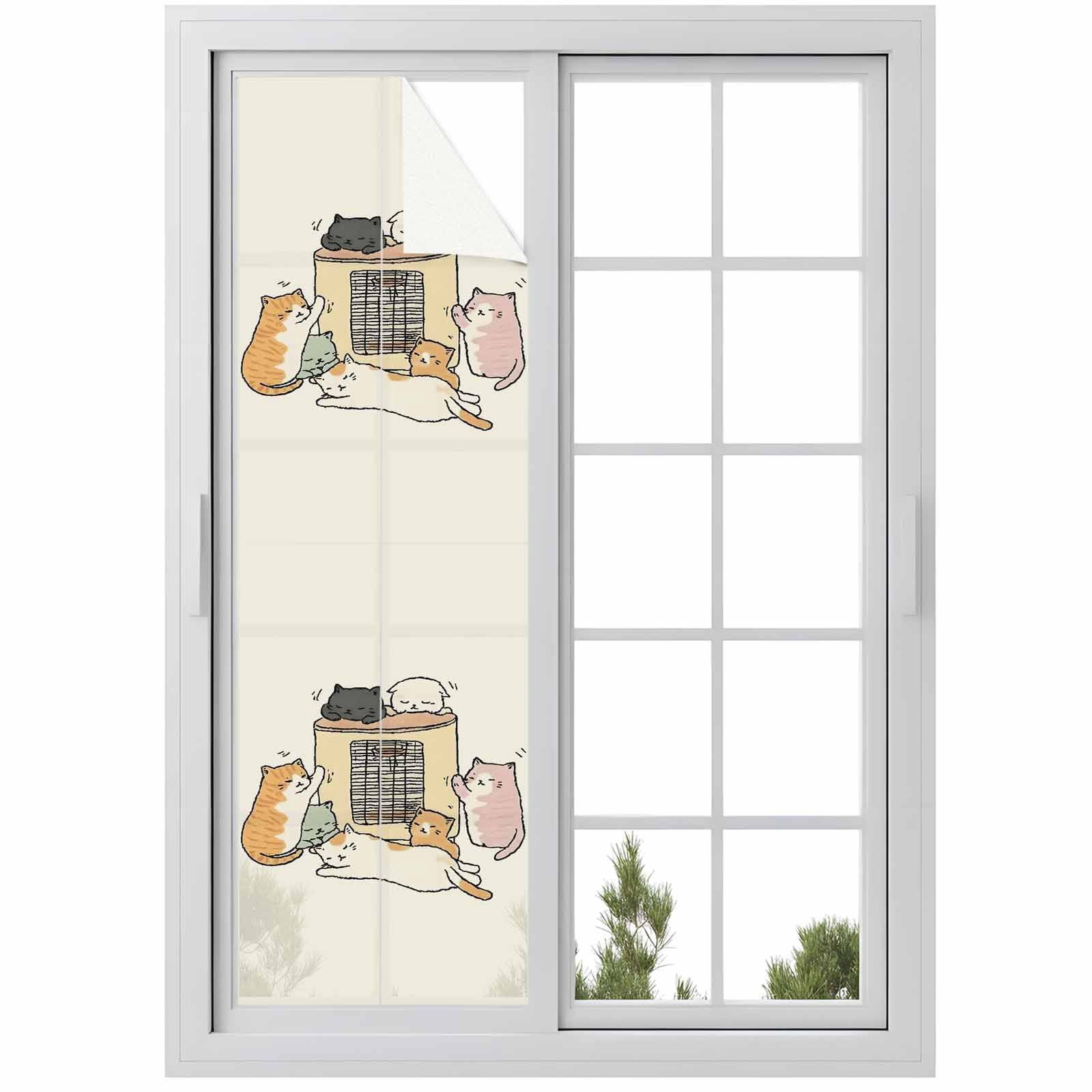 Beige Cute Cat Window Privacy Film, Cartoon Funny Heater Cats Static ...