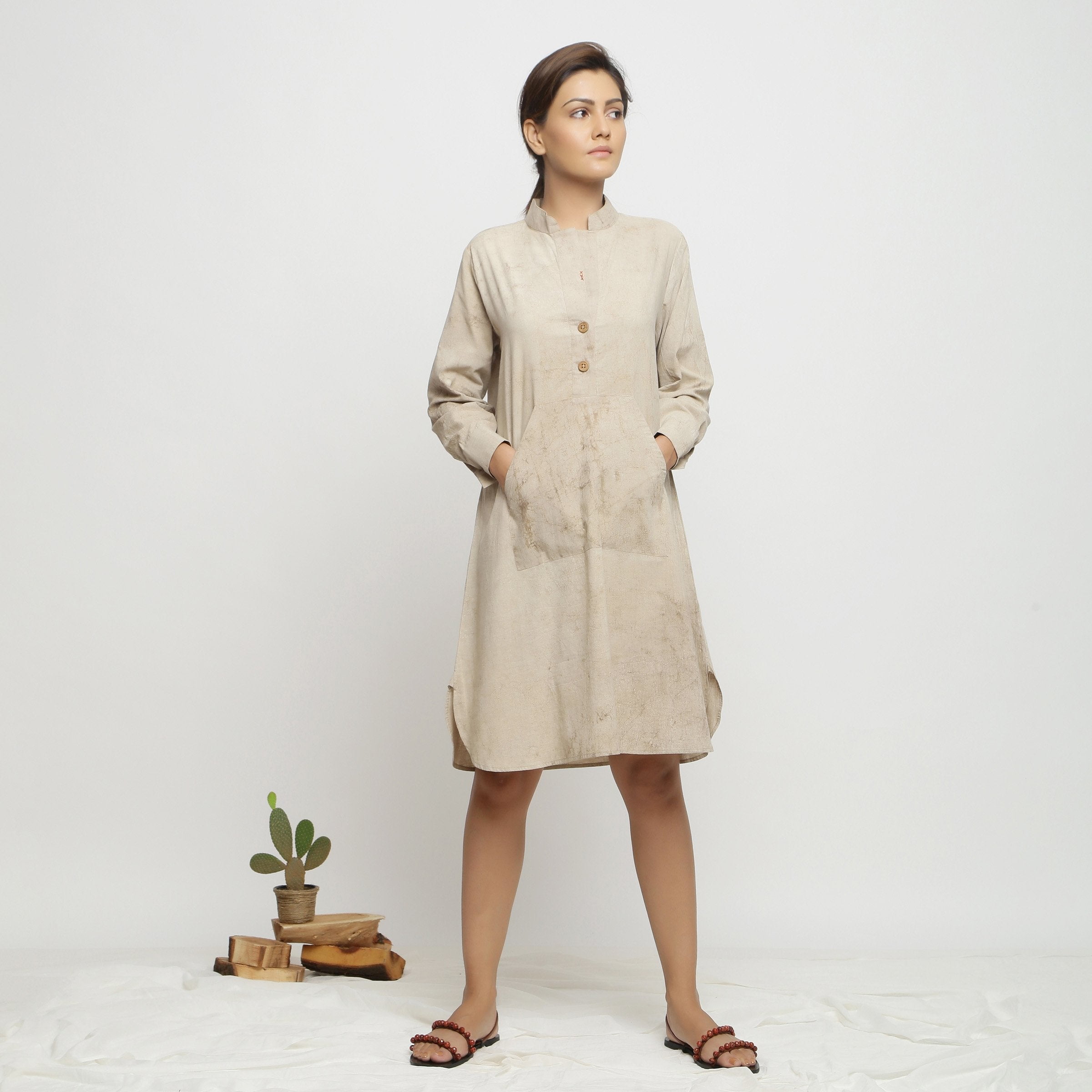 Beige Dabu Hand-Lep Cotton Knee Length Shirt Dress - Walmart.com